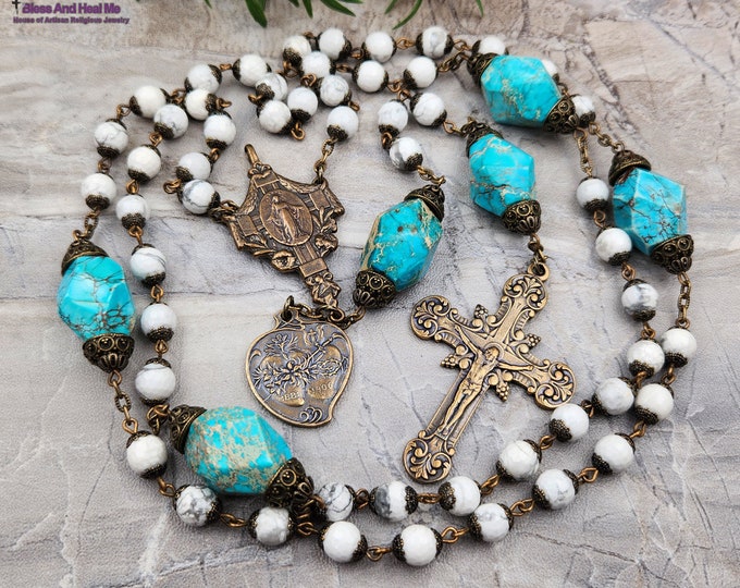Miraculous Mary Tween Hearts White Turquoise Blue Jasper Bronze Large ...