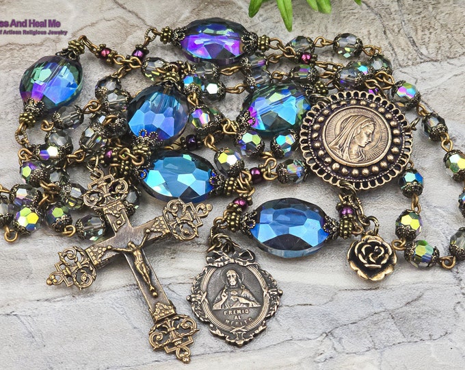 Virgin Mary Sacred Heart Ave Maria Swarovski Crystal Vintage Bronze ...
