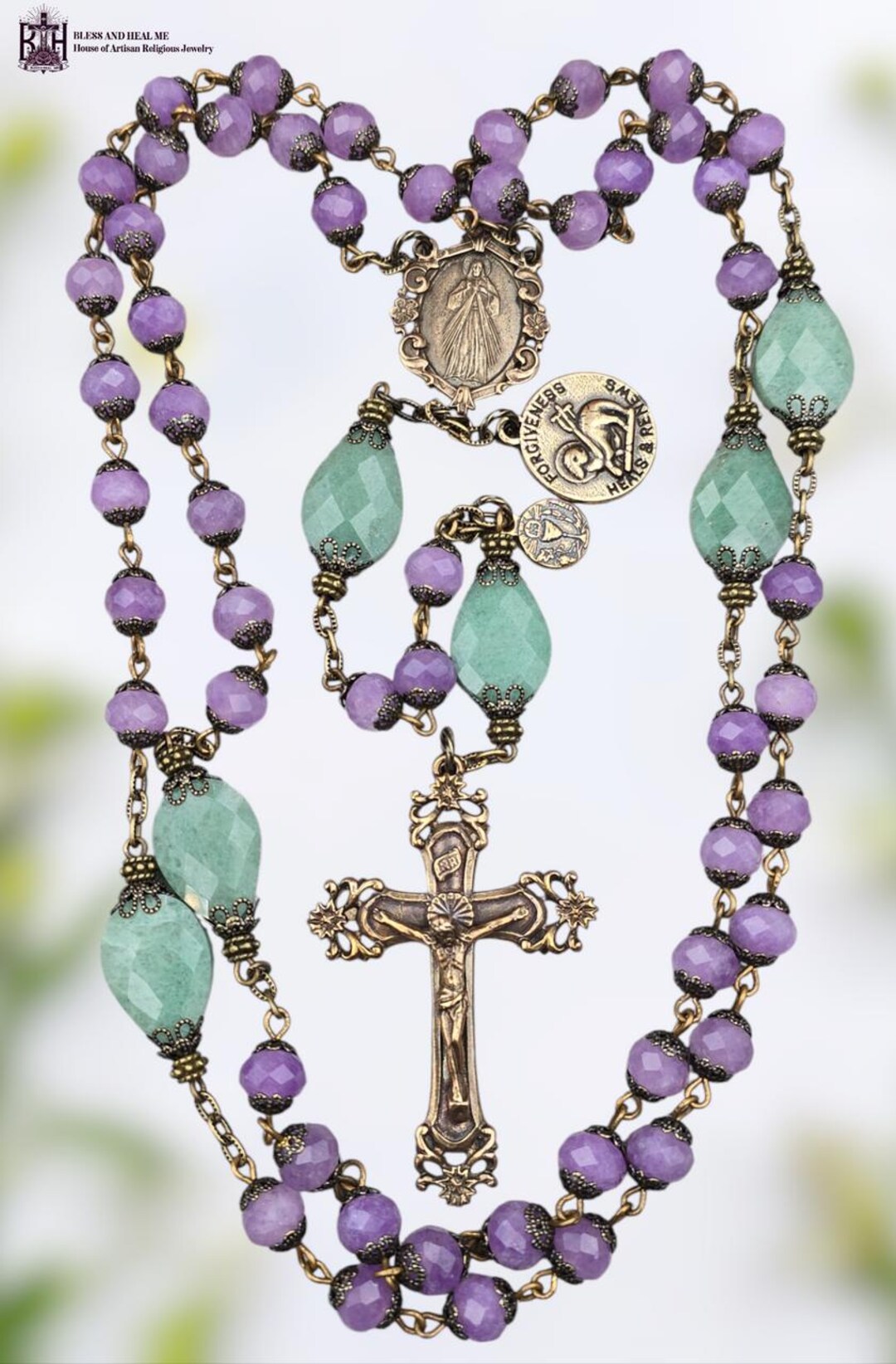 Divine Mercy & Lamb of God Heirloom Rosary Bronze Lavender Jade ...