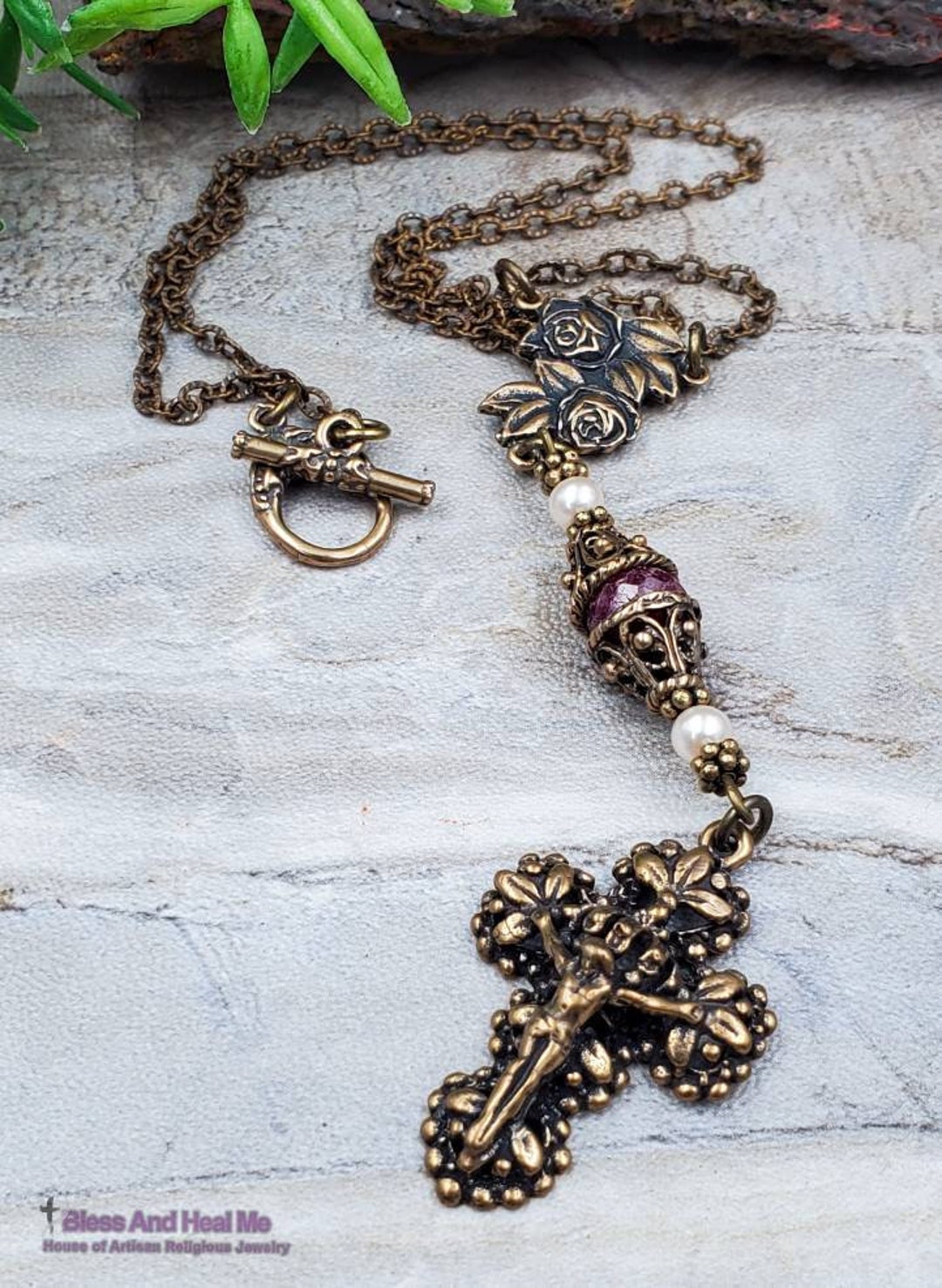 Miraculous Mary Roses Red Ruby Pearls Solid Bronze Ornate Antique Style ...