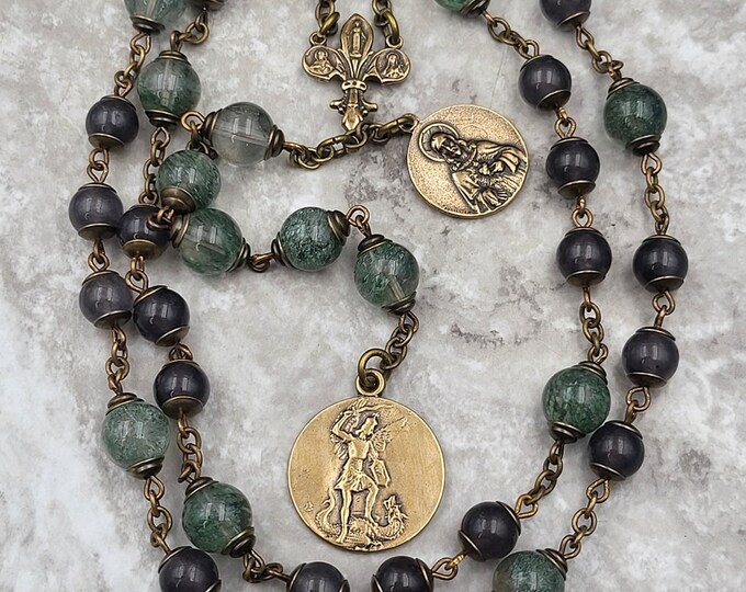 Archangel Michael Jesus Mary Therese Grey Agate Bronze Mens Chaplet - Etsy