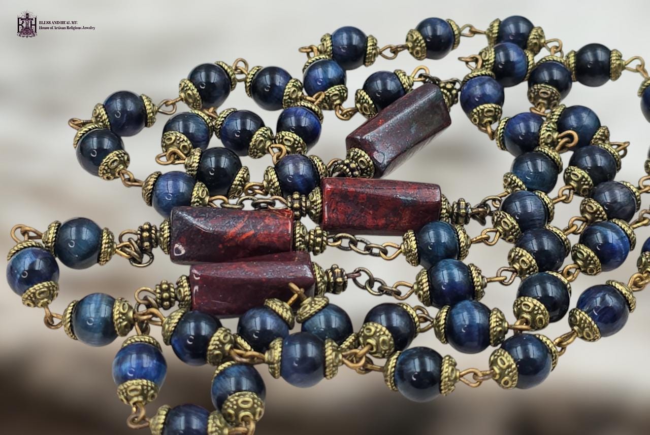 Sacred Bleeding Heart & Virgin Mary Heirloom Rosary - Bronze | Blue ...