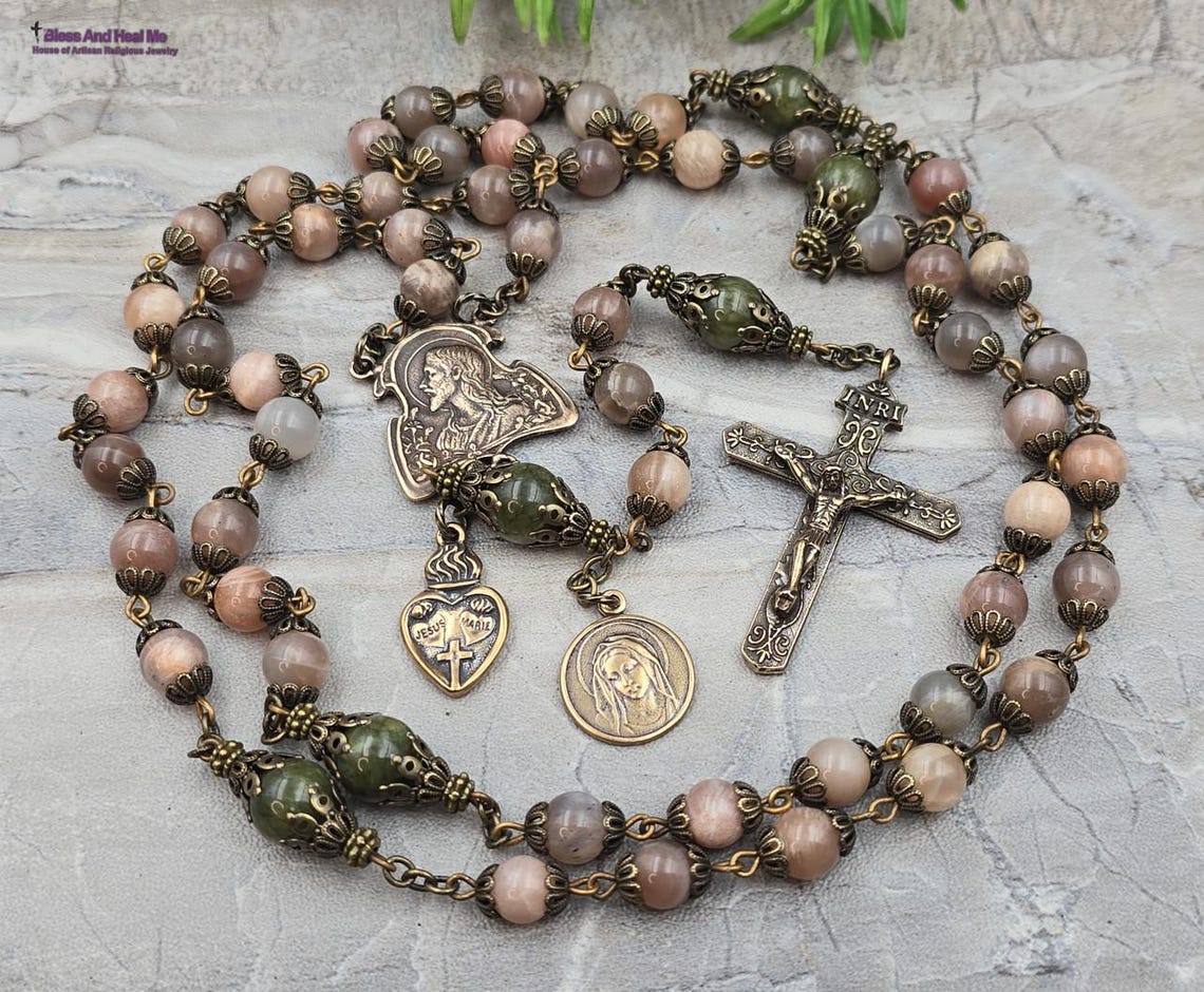 Jesus Mary Tween Hearts Rosary-peach Moonstone&vintage Bronze Prayer ...
