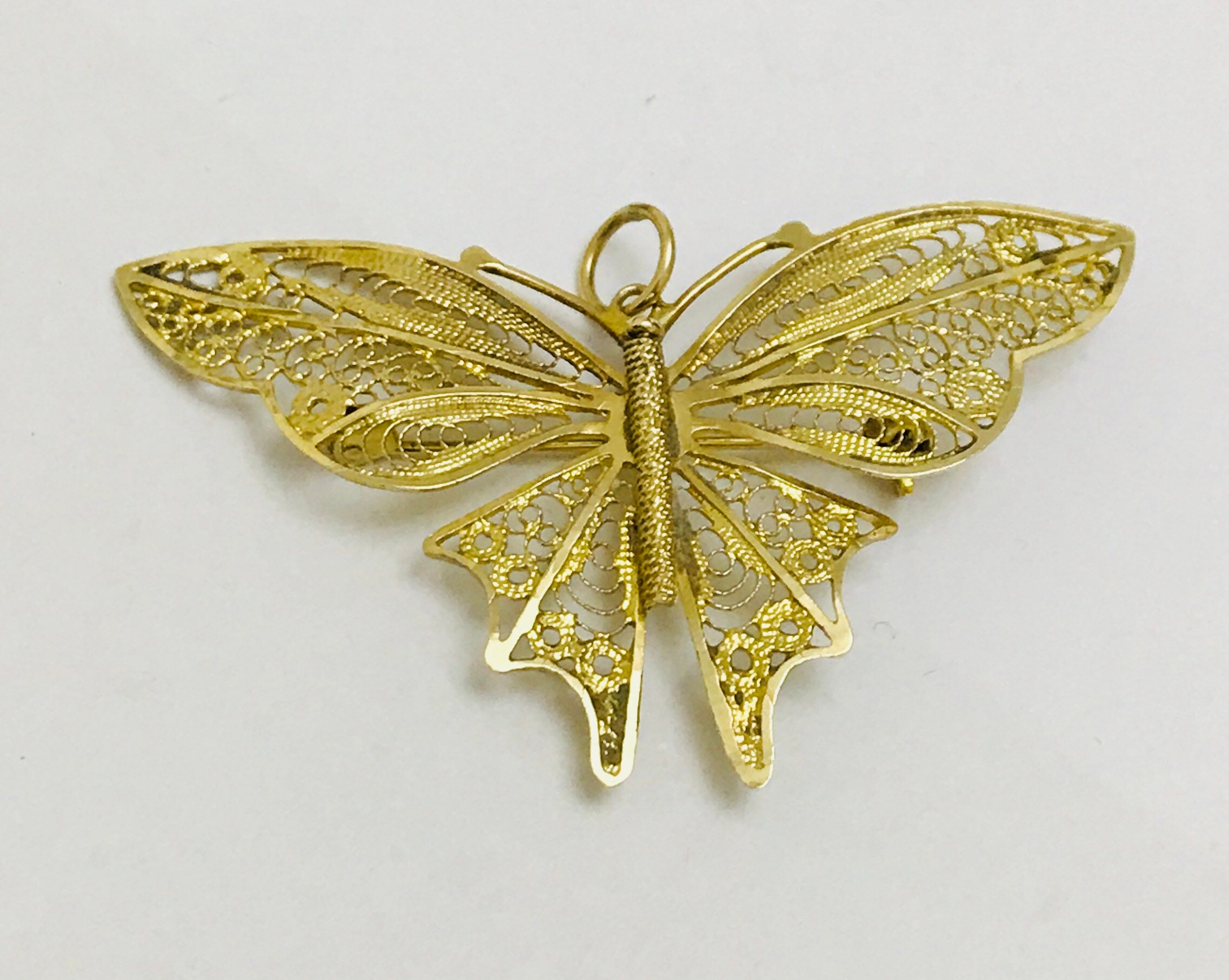 Stunning vintage 9ct yellow gold filigree Butterfly brooch or pendant ...