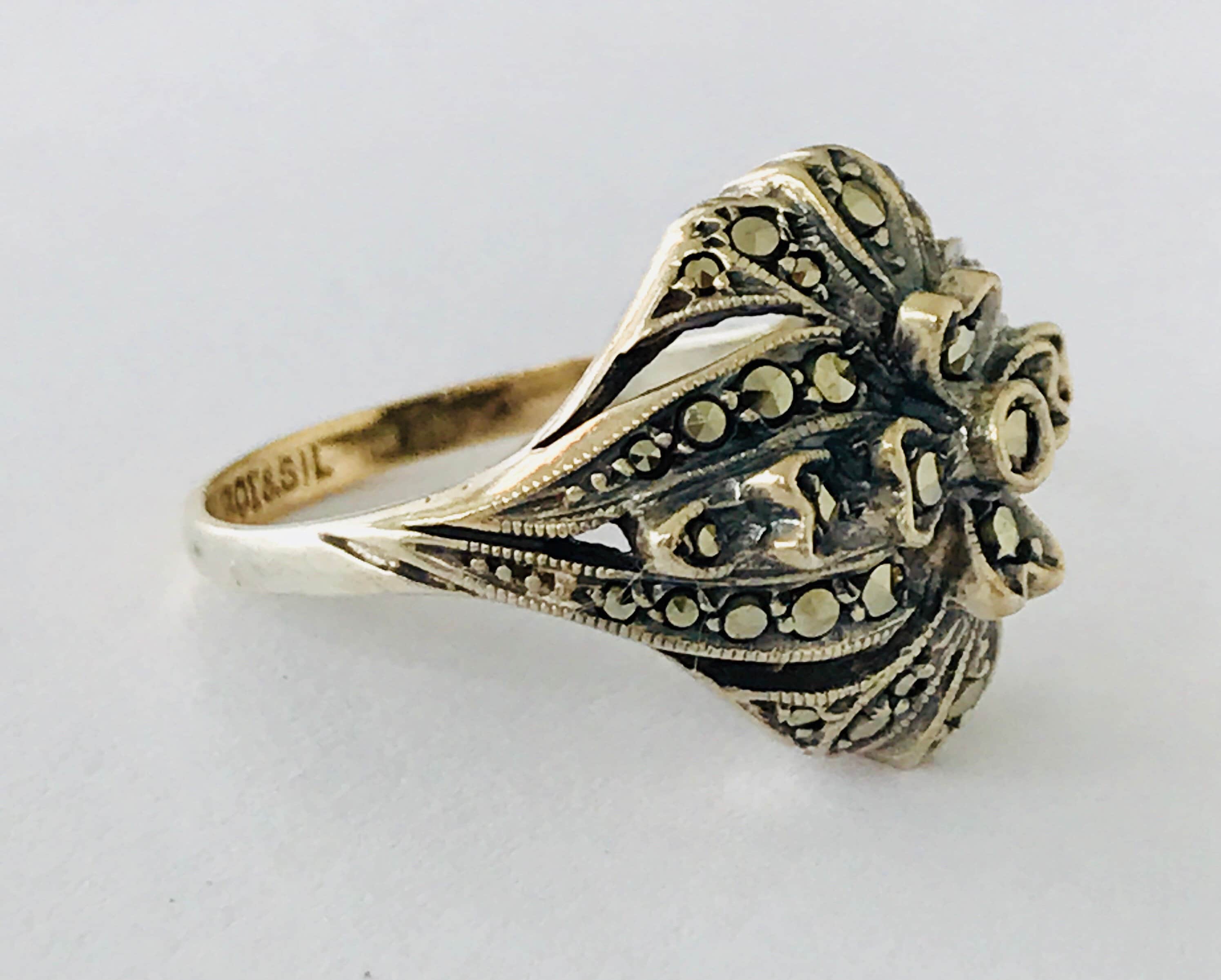 Stunning antique Art Deco 9ct gold and sterling silver Marcasite ring ...
