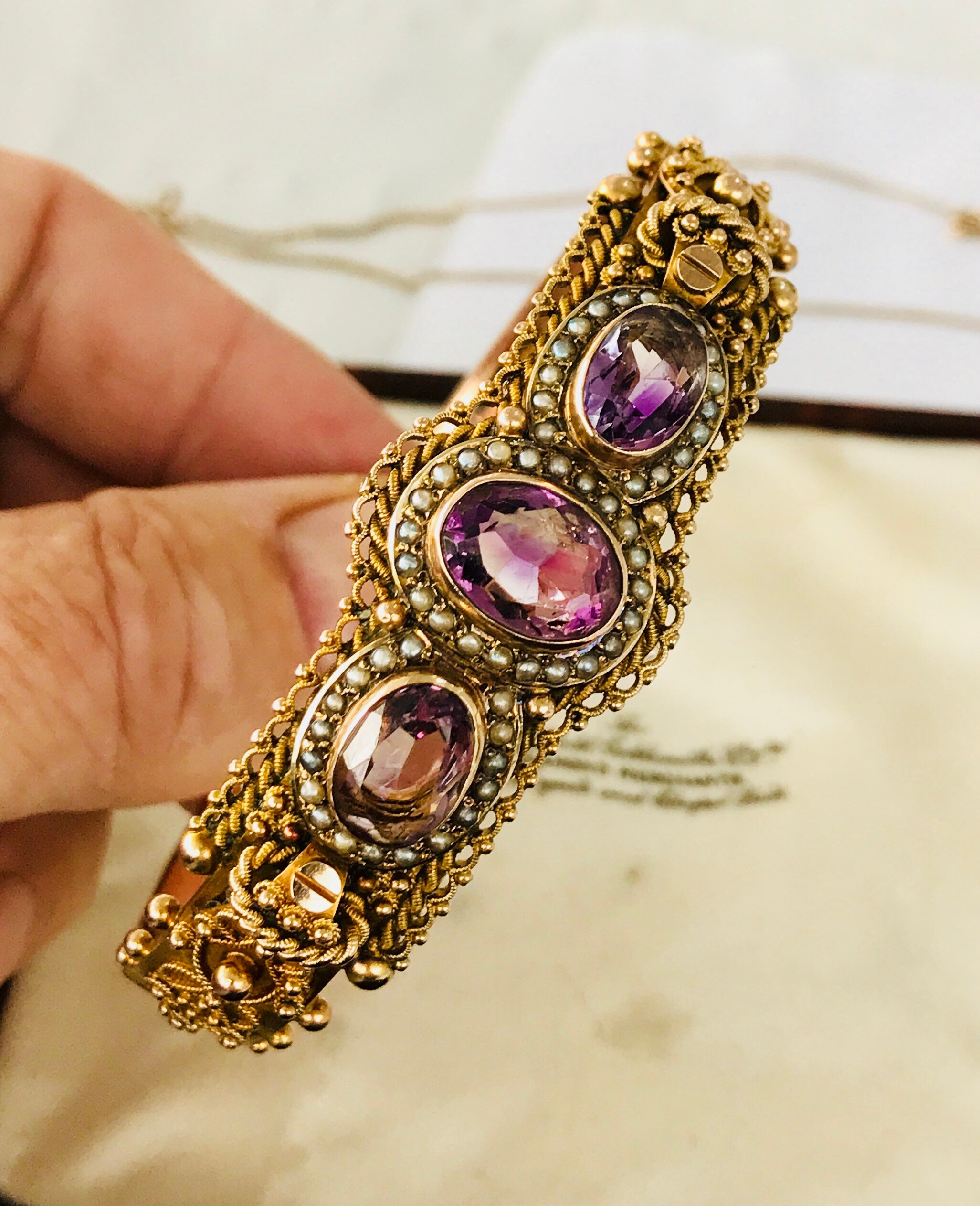 Beautiful antique 9ct gold Amethyst and Seed Pearl bangle - Murrie ...