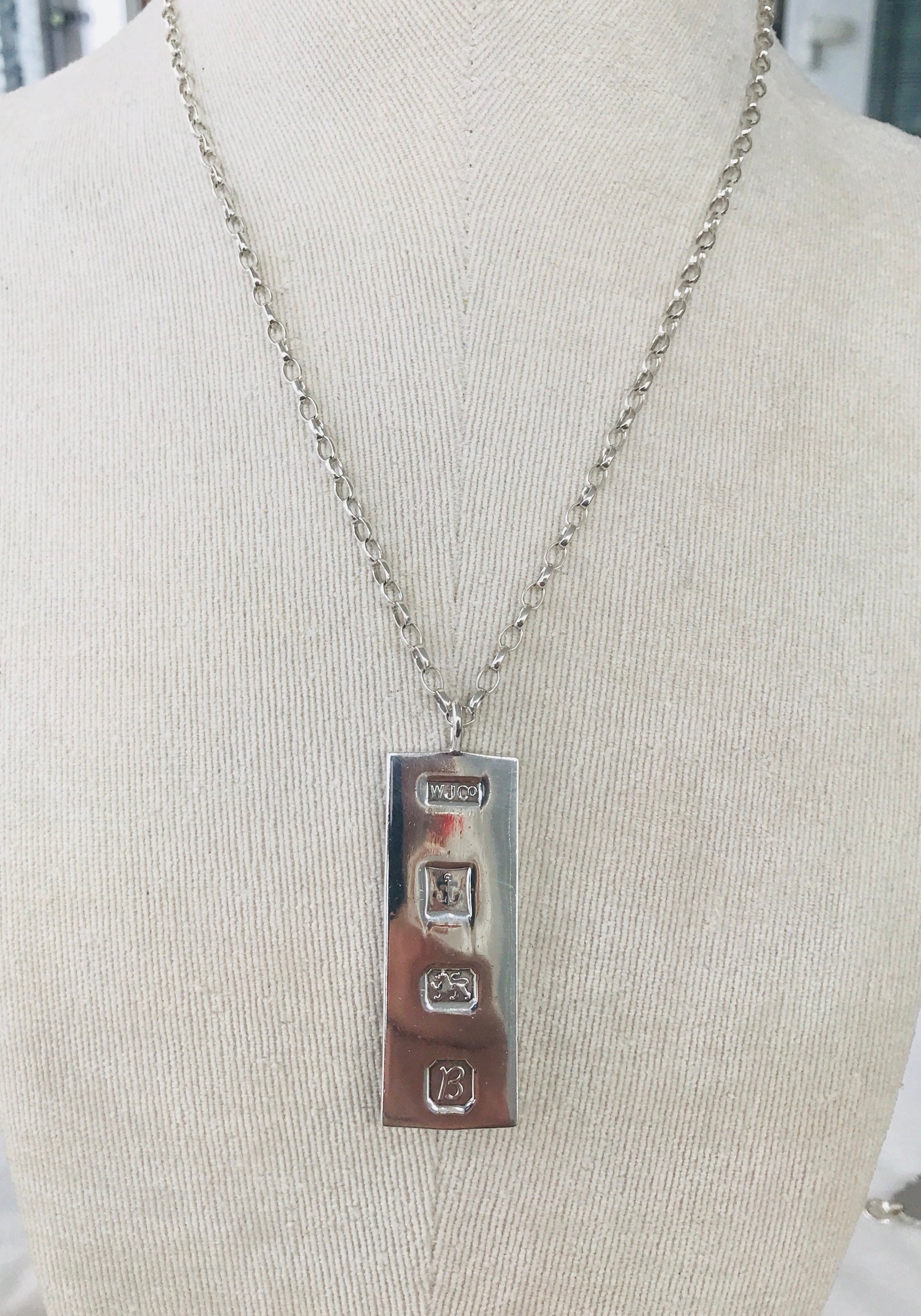Superb large vintage sterling silver 1 ounce ingot pendant and 20 inch ...