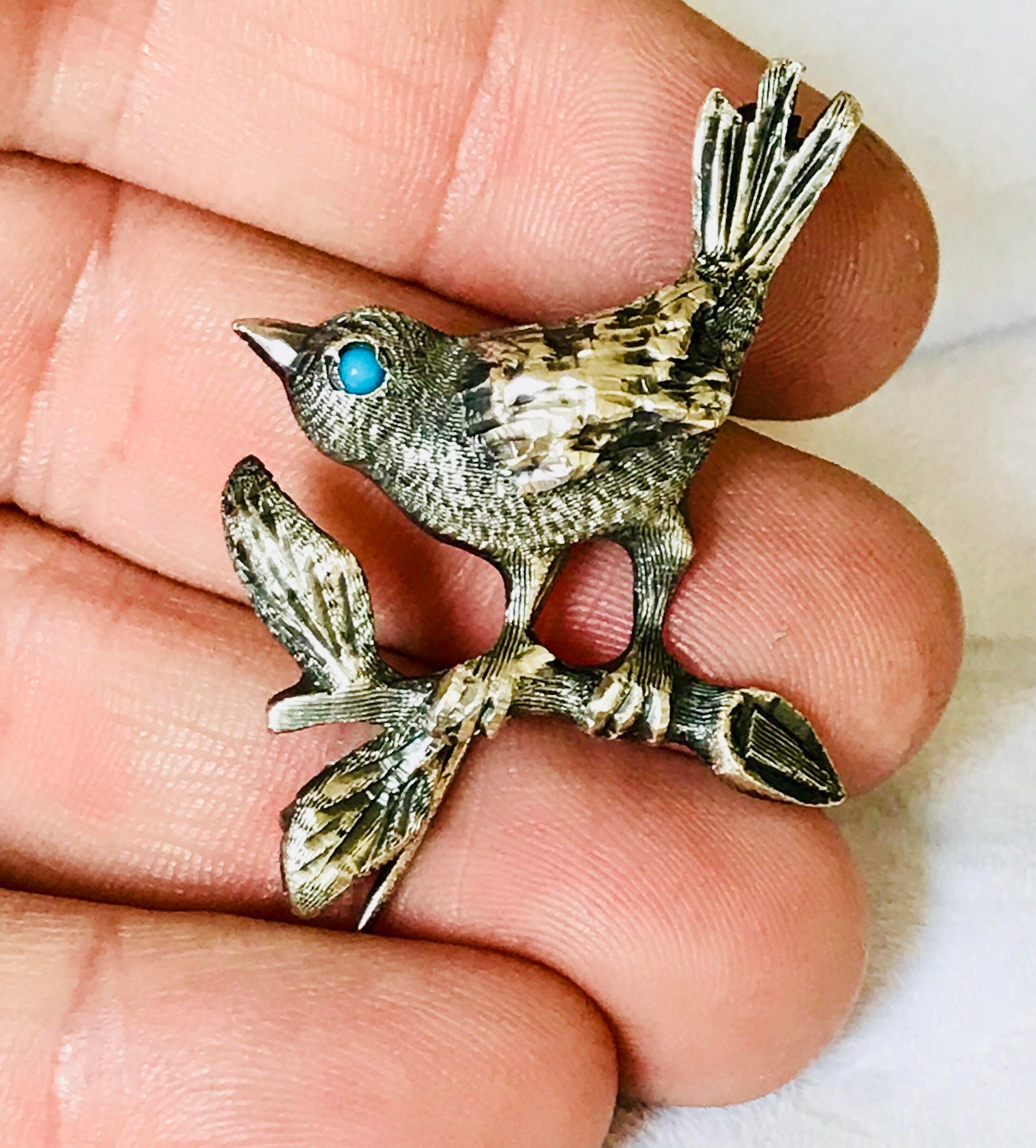 Superb vintage sterling silver bird brooch with turquoise eye - fully ...