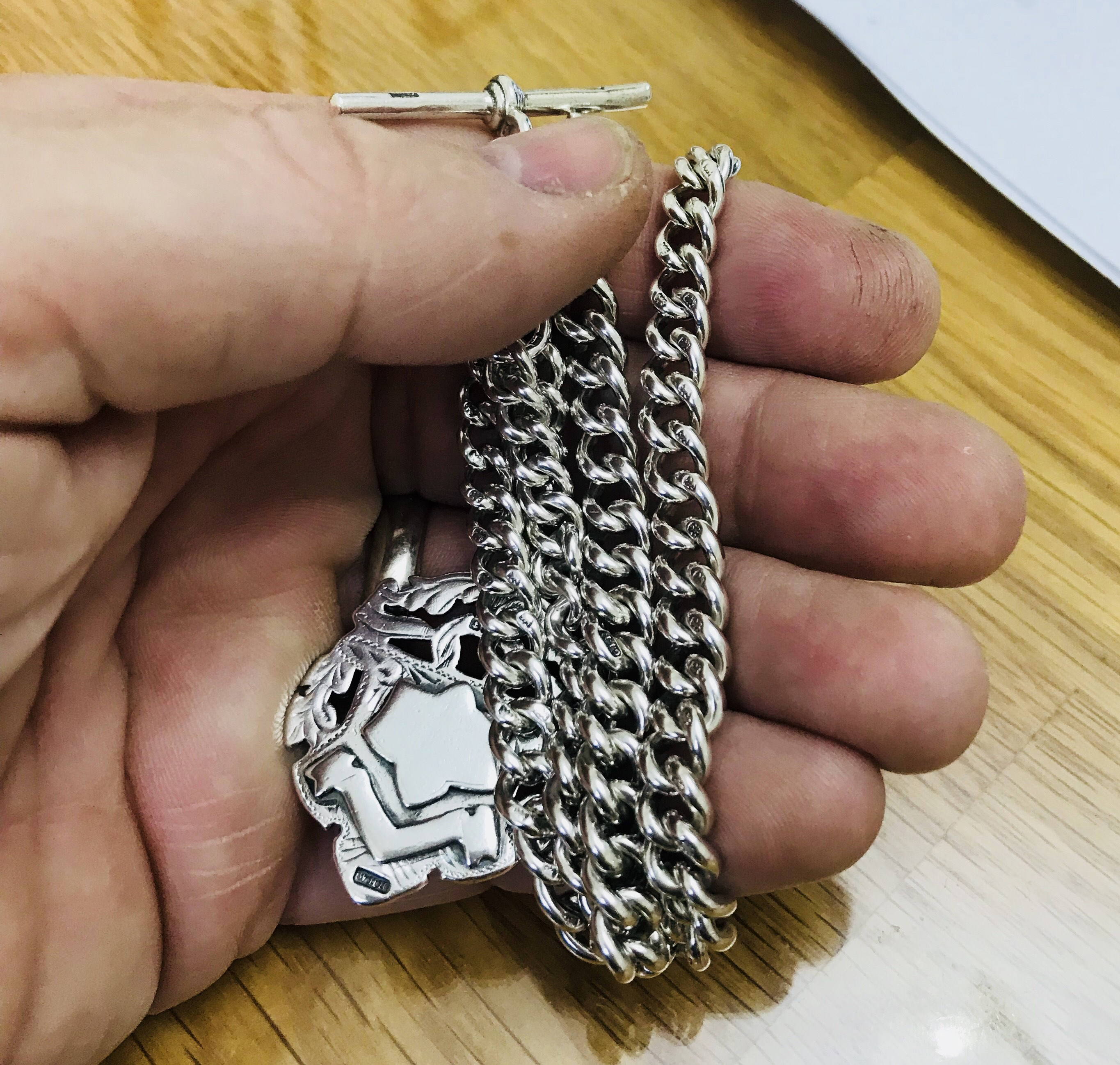 Superb antique sterling silver graduated double Albert chain & fob ...