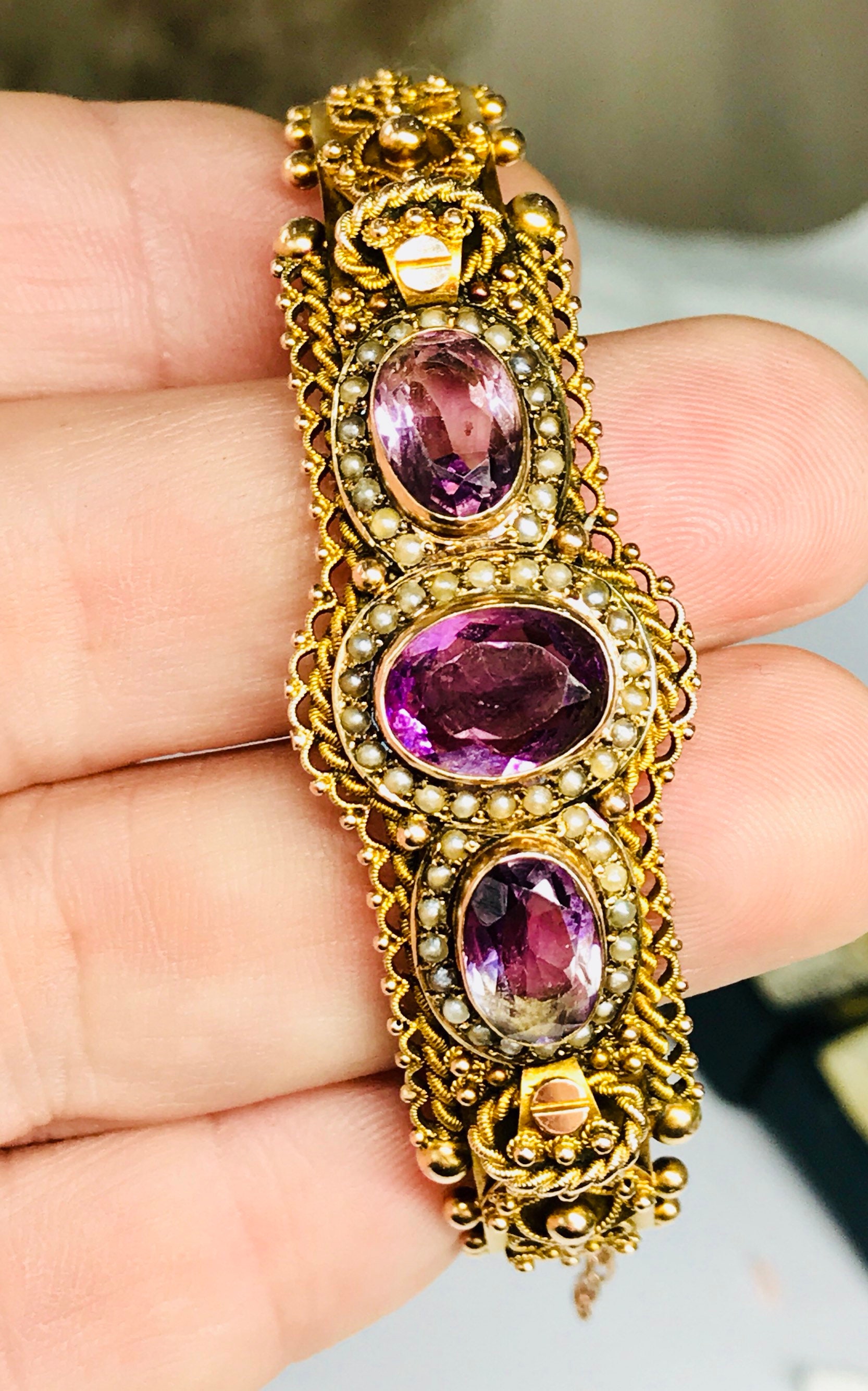 Beautiful antique 9ct gold Amethyst and Seed Pearl bangle - Murrie ...