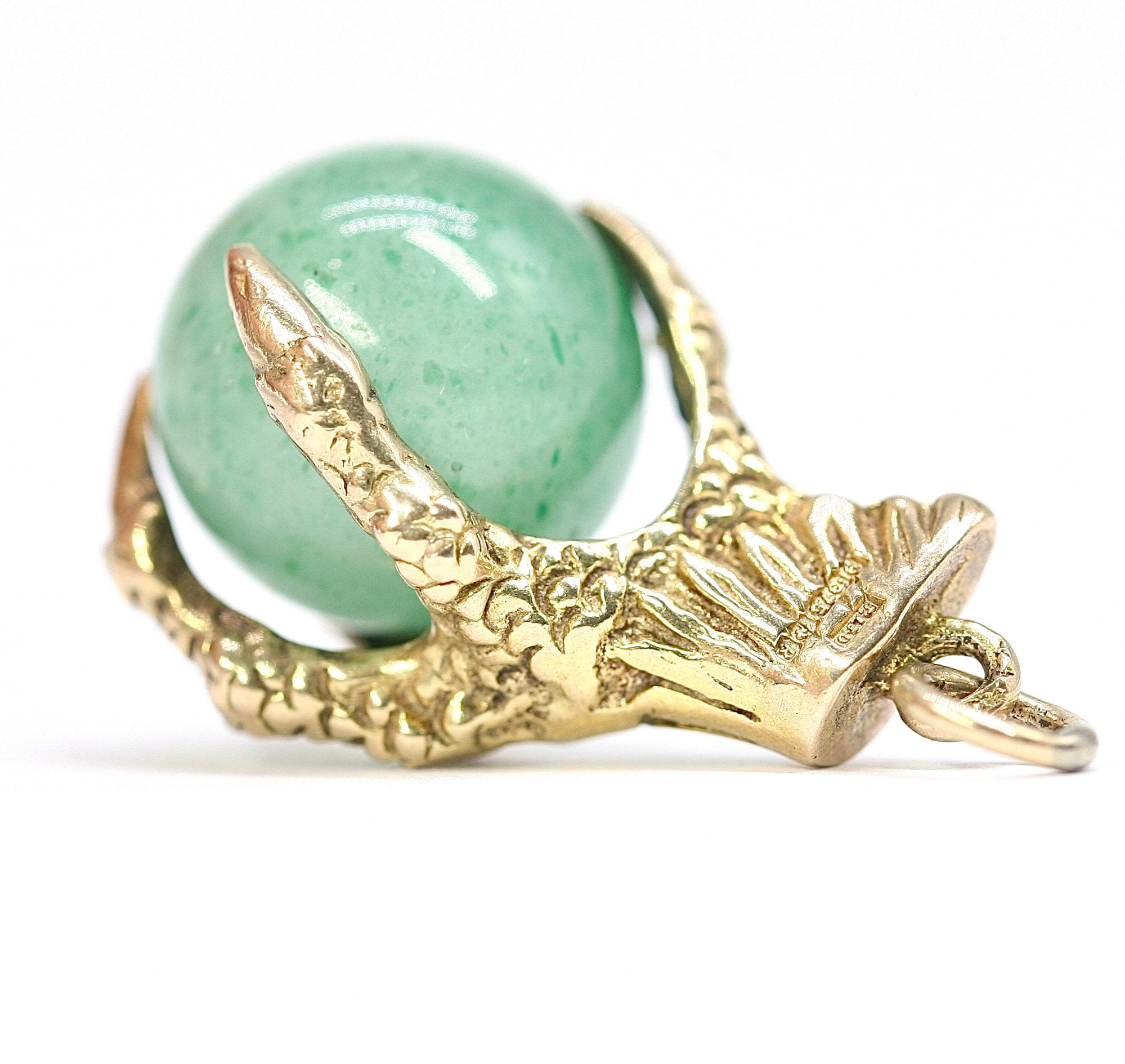 Superb large vintage 9ct gold and green stone (Jade?) talon pendant ...