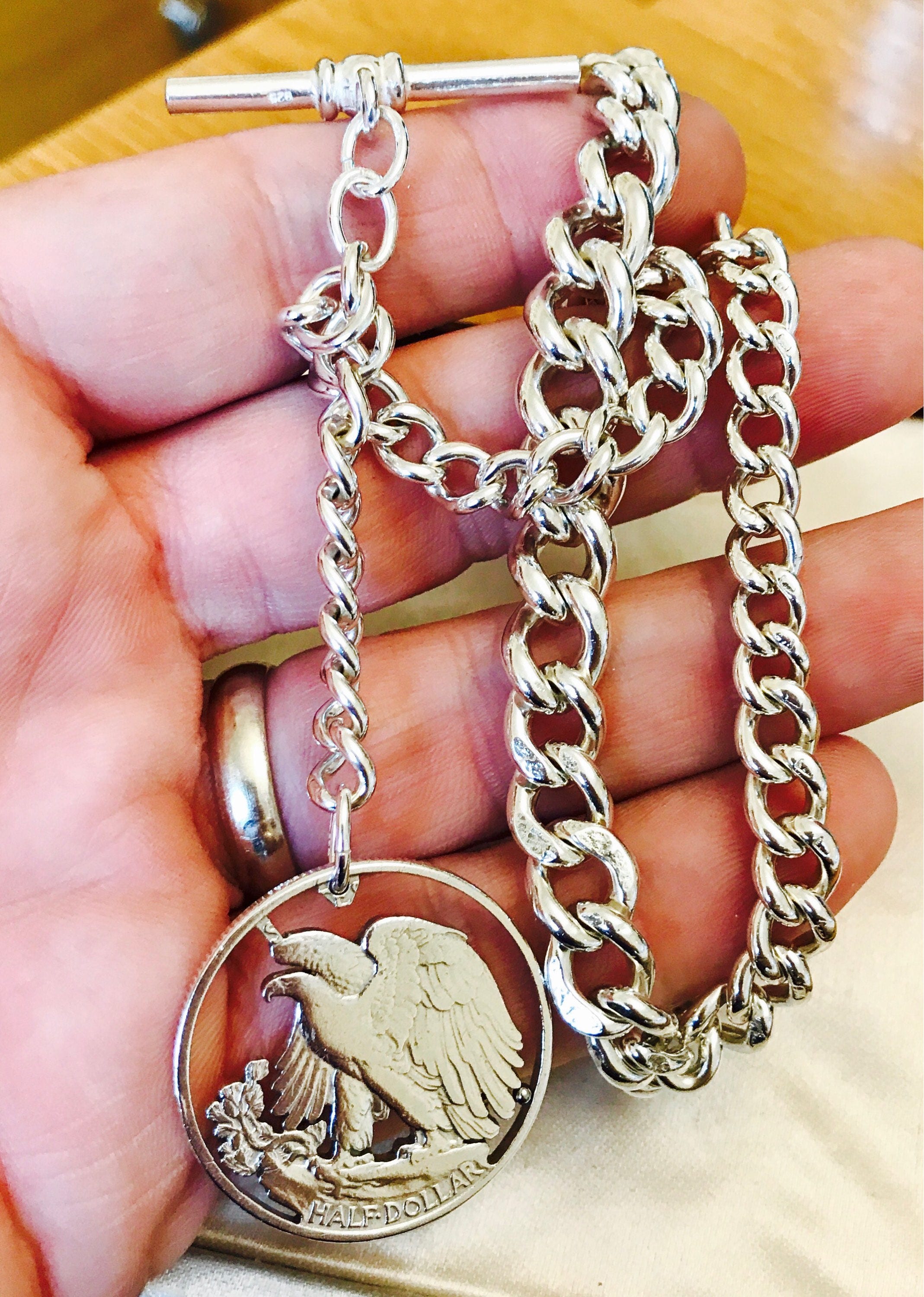 Superb heavy antique silver Albert chain and silver half dollar fob