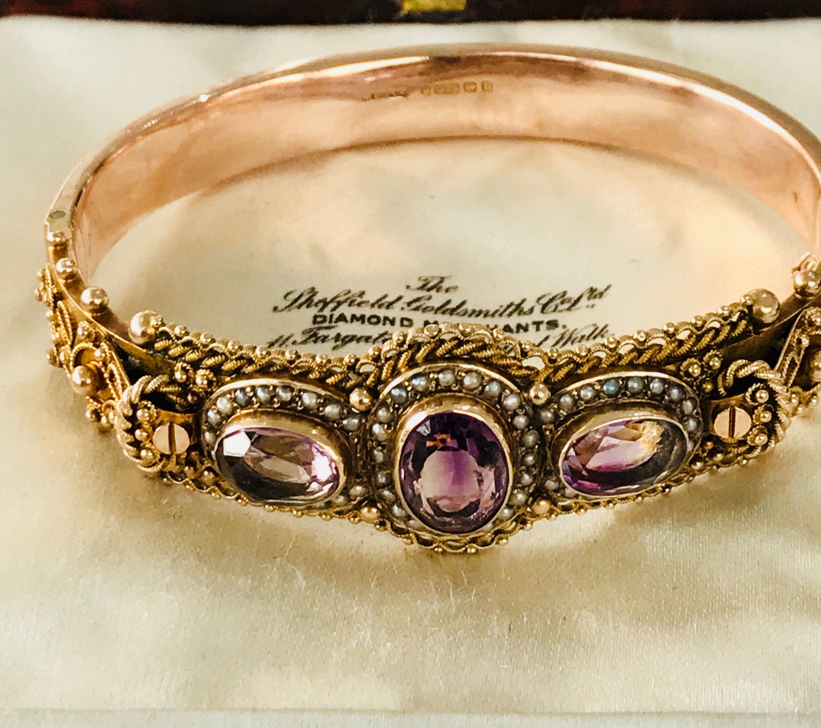 Beautiful antique 9ct gold Amethyst and Seed Pearl bangle - Murrie ...
