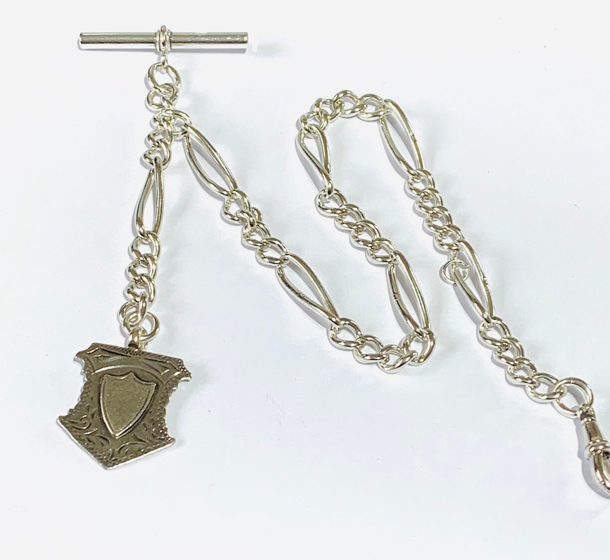 Superb antique Edwardian sterling silver Albert pocket watch chain and fob