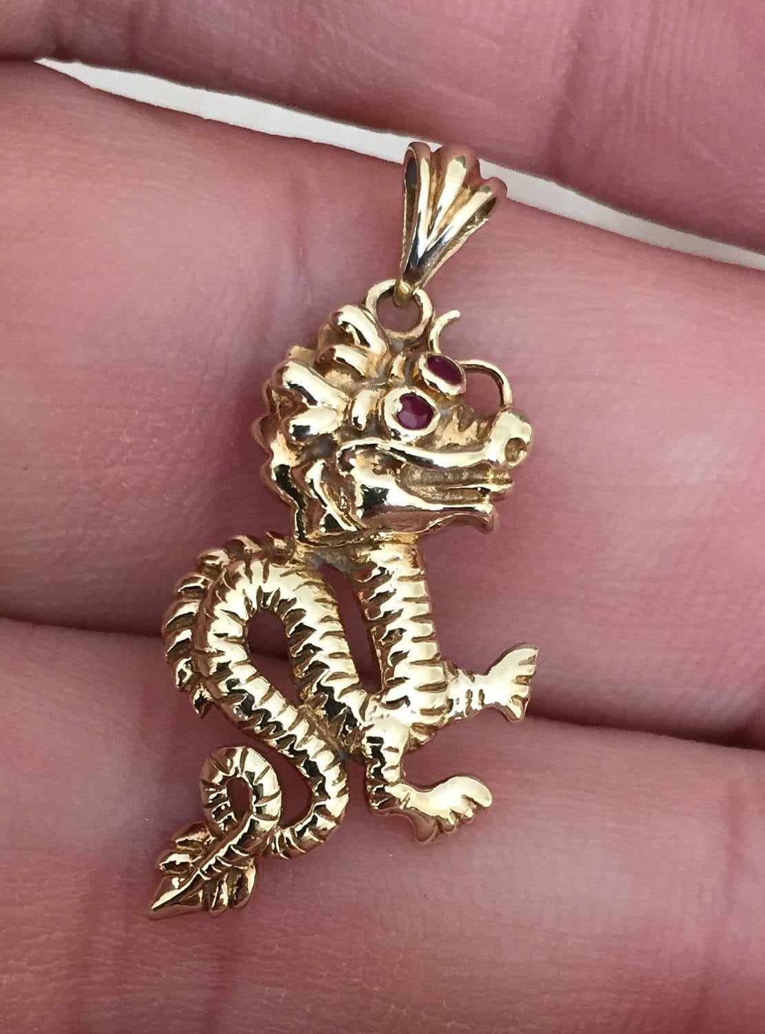 Stunning vintage 9ct gold & ruby Chinese dragon pendant with chain ...