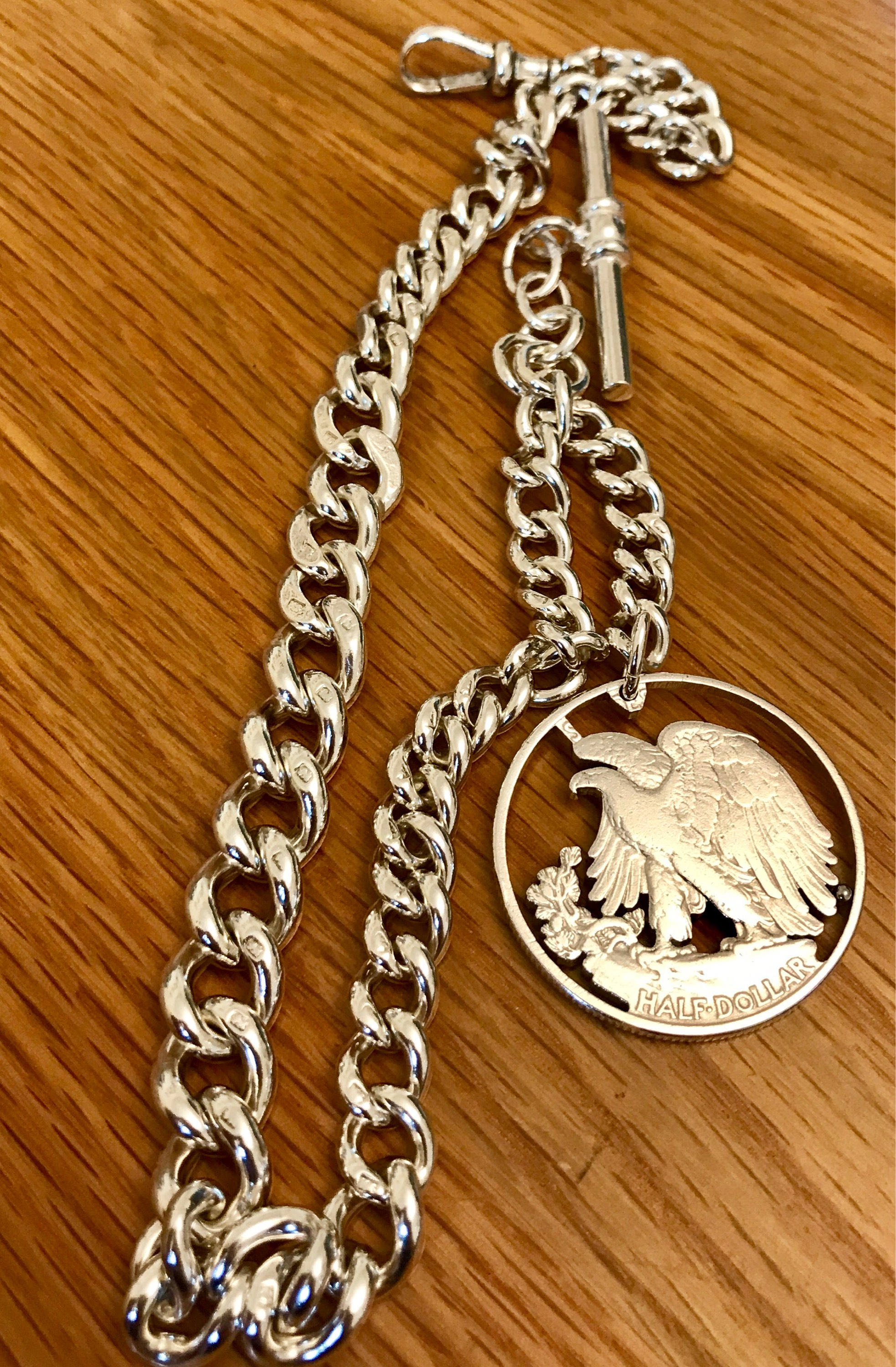 Superb heavy antique silver Albert chain and silver half dollar fob