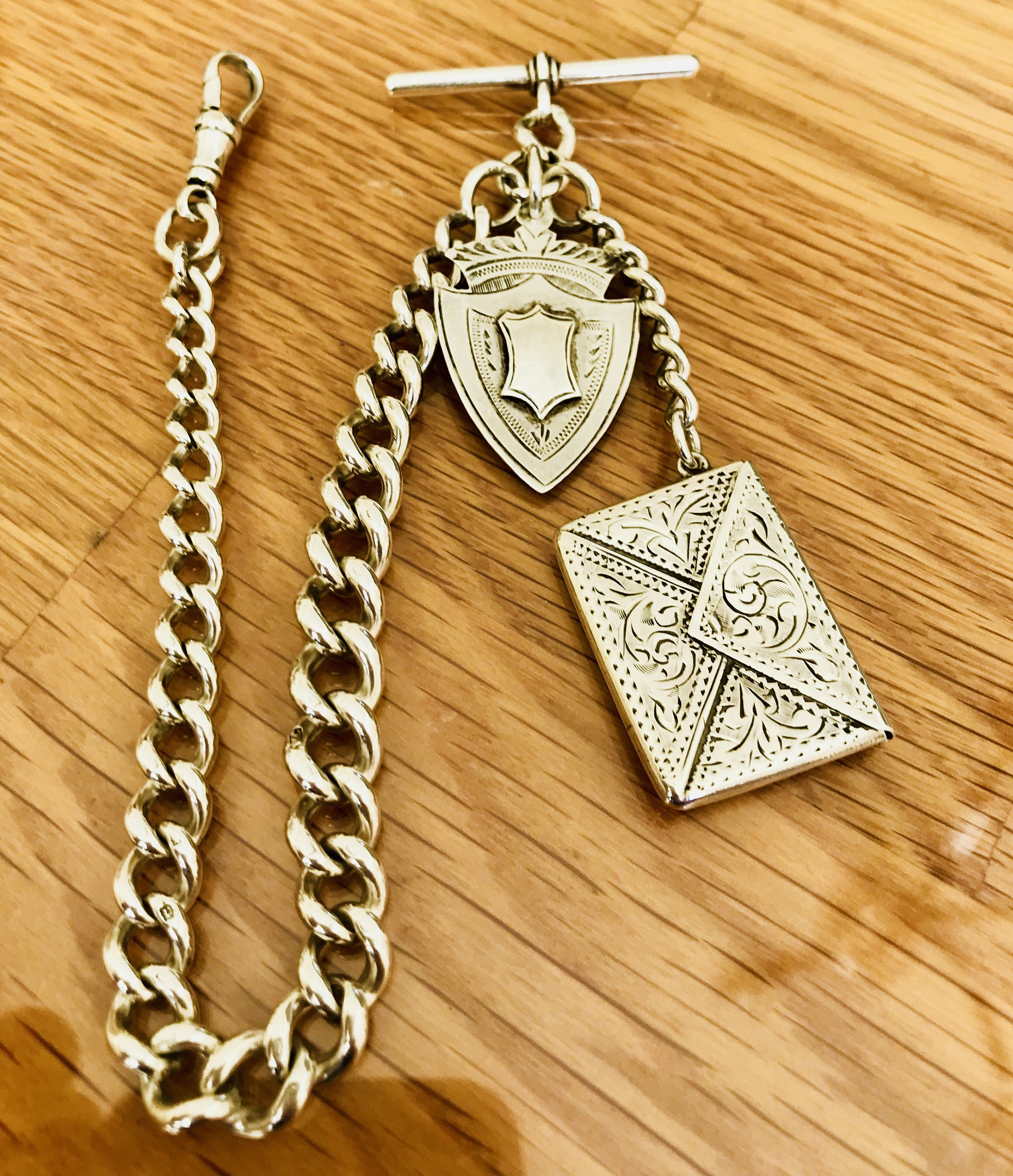 Superb antique sterling silver Albert pocket watch chain, fob and stamp ...