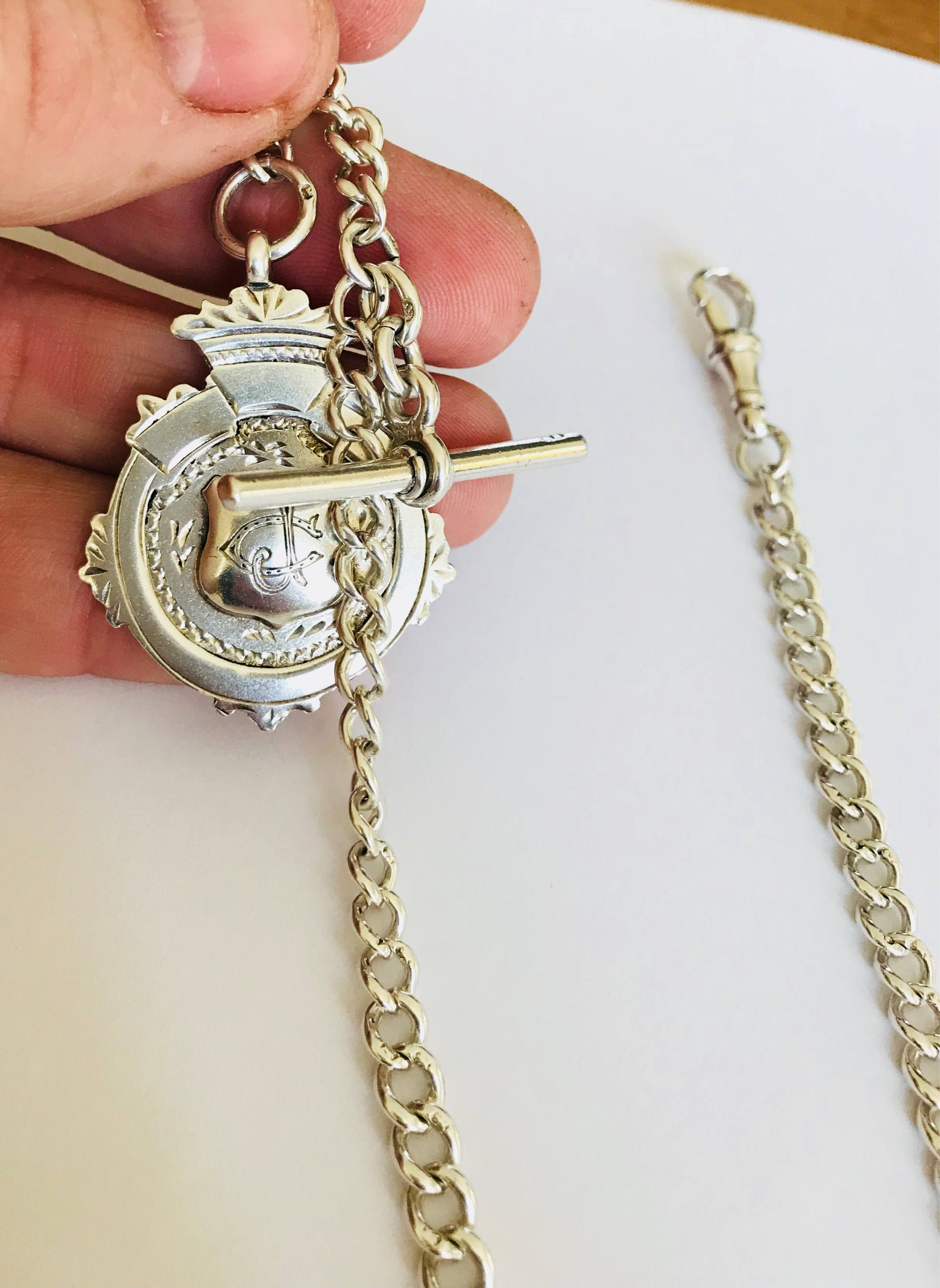 Superb antique sterling silver Albert pocket watch chain and fob ...