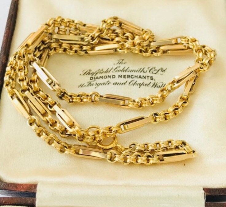 Stunning antique 9ct yellow gold 21 inch fancy link chain