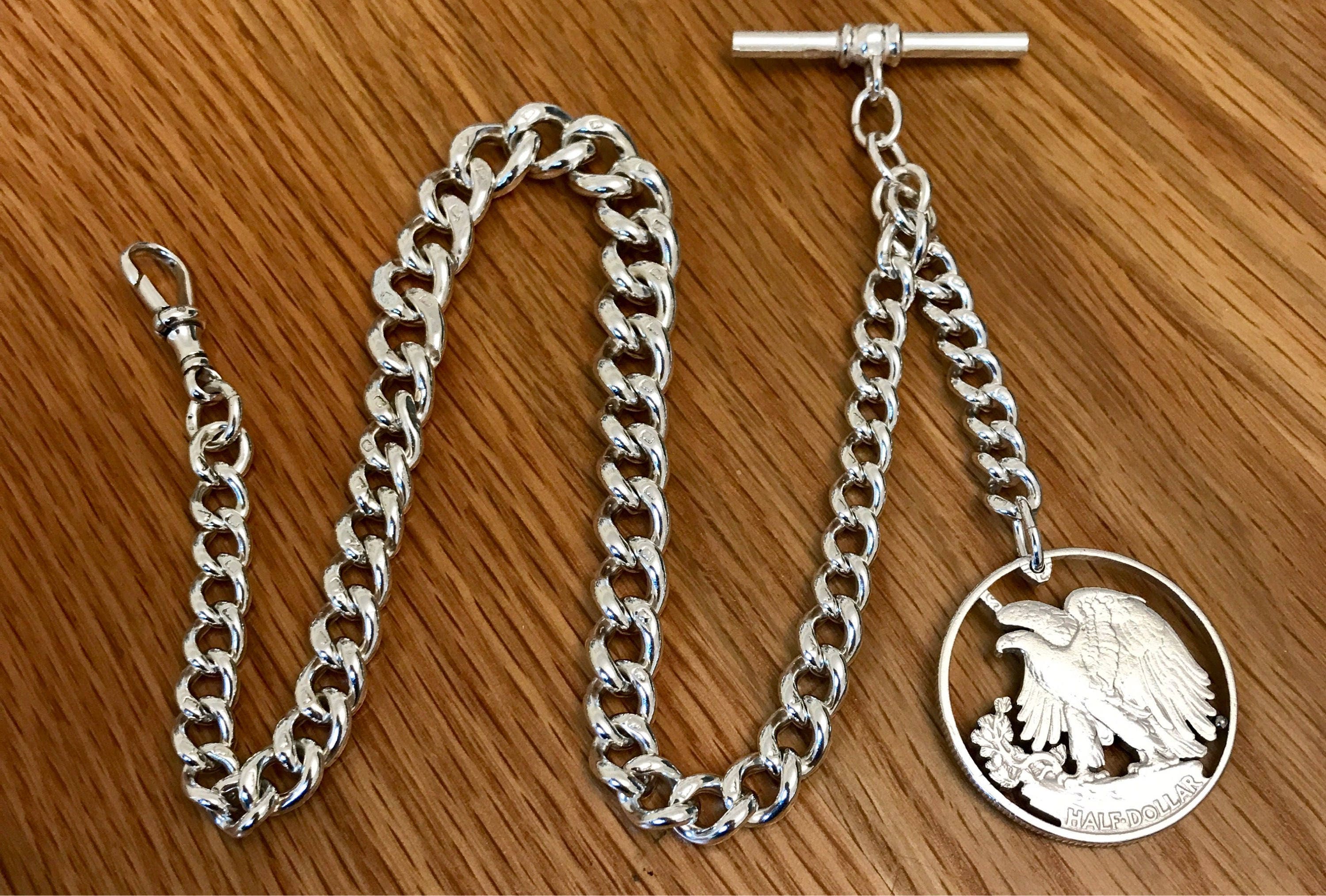 Superb heavy antique silver Albert chain and silver half dollar fob
