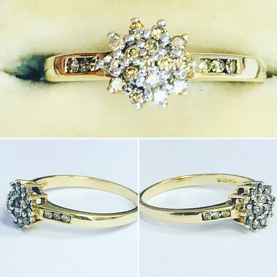 Stunning sparkling vintage 9ct gold Champagne Diamond cluster ring ...