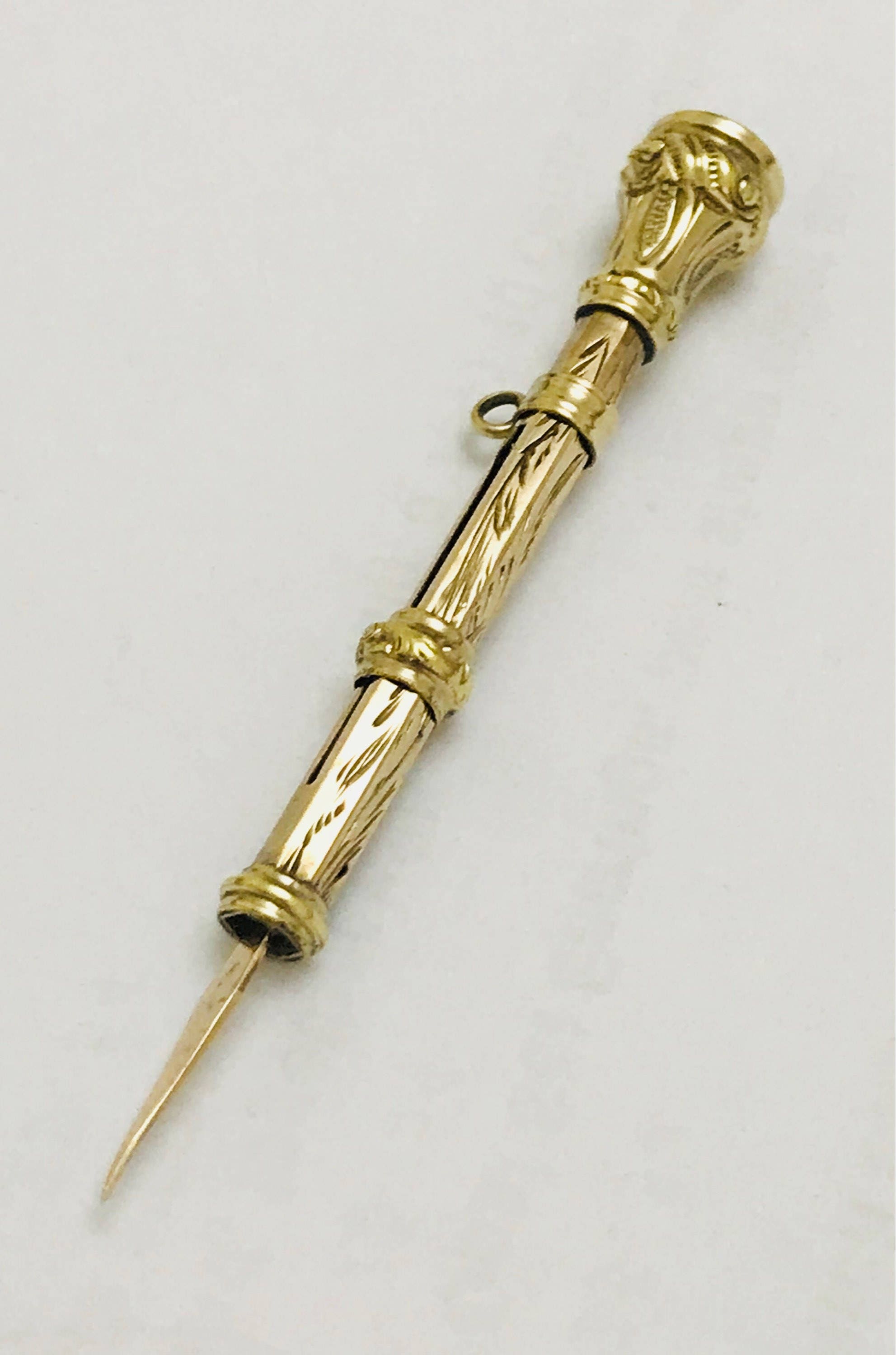 Superb antique 9ct yellow gold sliding toothpick fob / charm