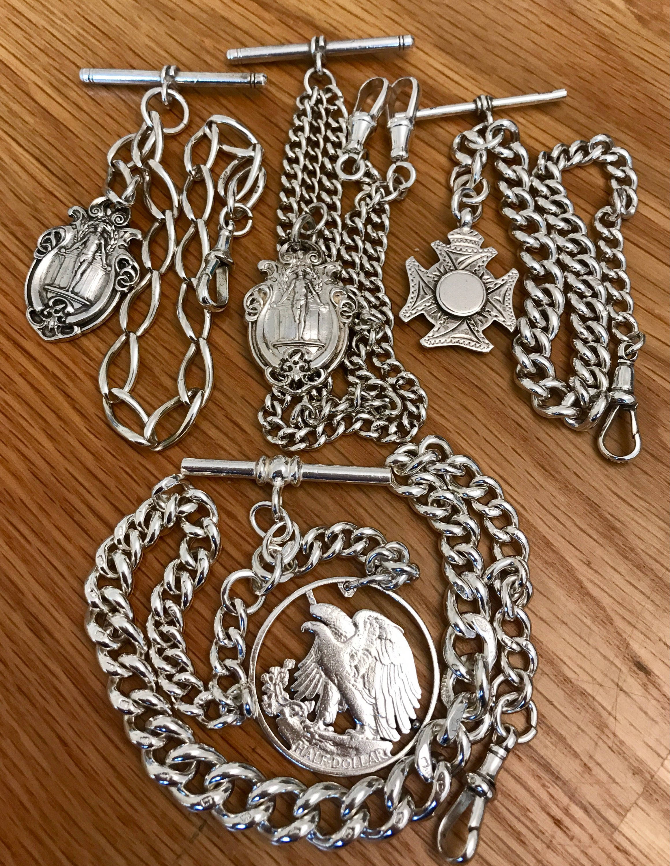 Superb heavy antique silver Albert chain and silver half dollar fob