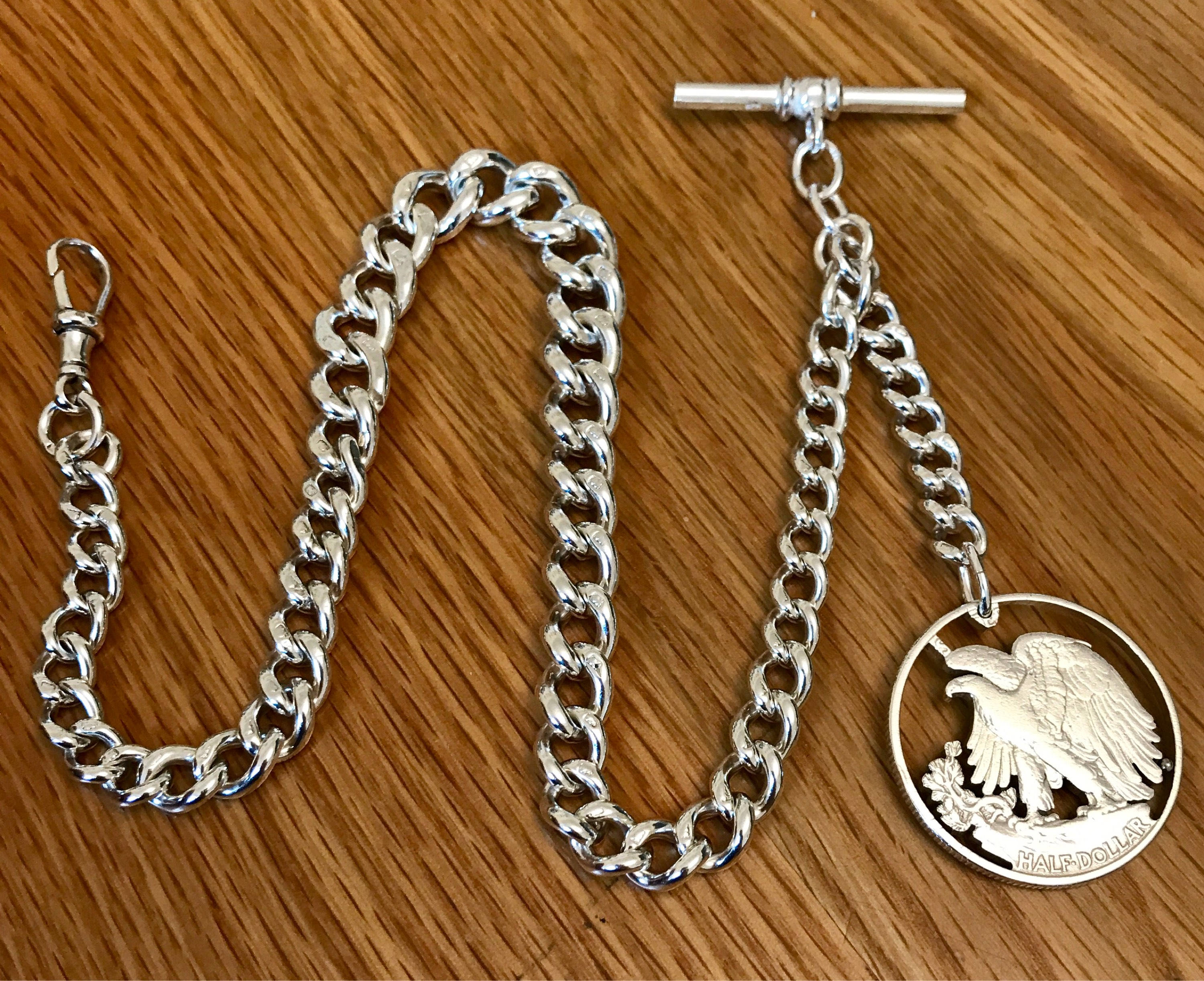 Superb heavy antique silver Albert chain and silver half dollar fob