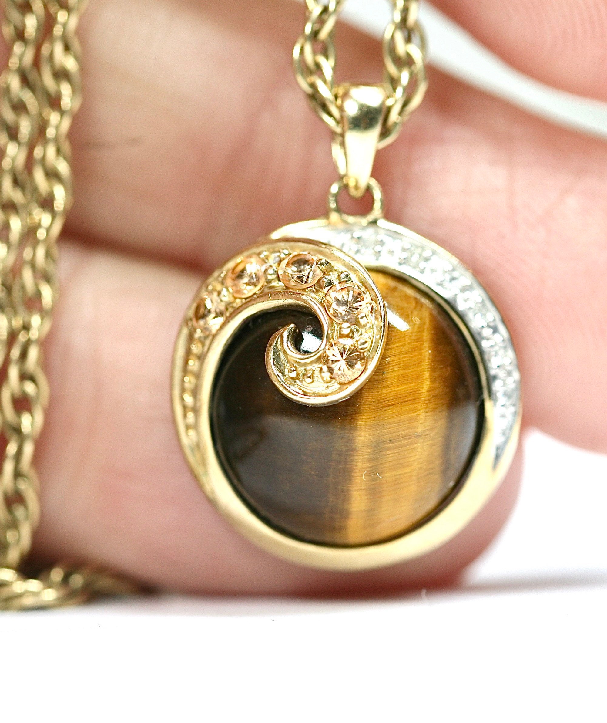 Superb vintage 9ct yellow gold Tigers Eye pendant with Citrine and ...
