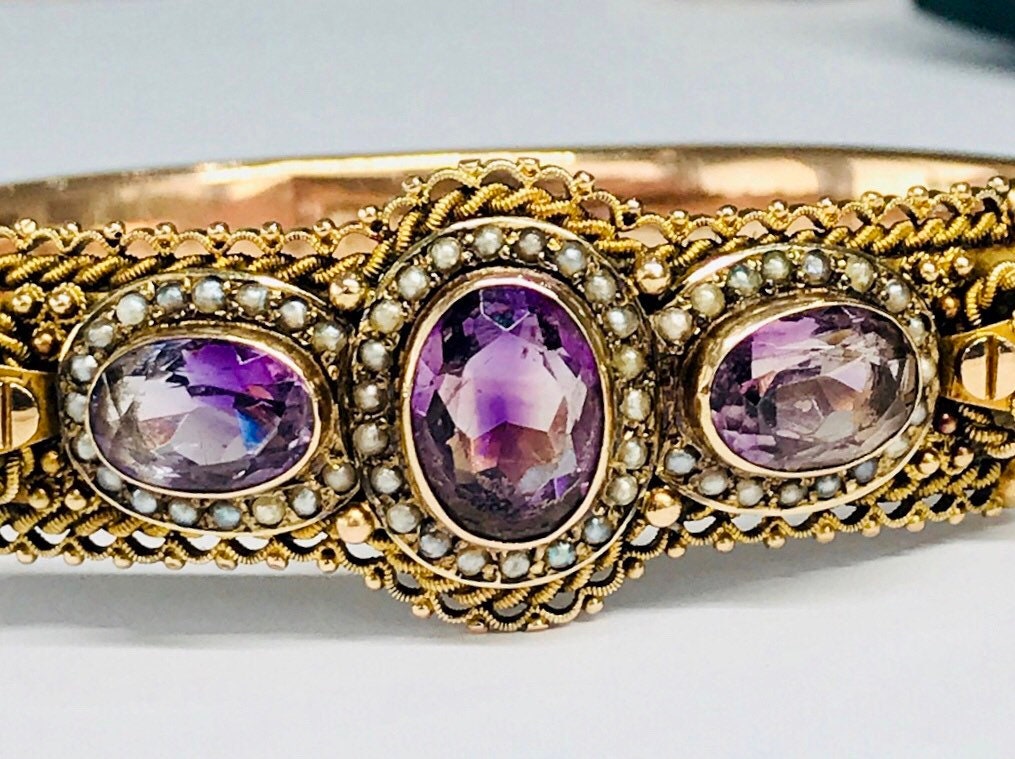 Beautiful antique 9ct gold Amethyst and Seed Pearl bangle - Murrie ...