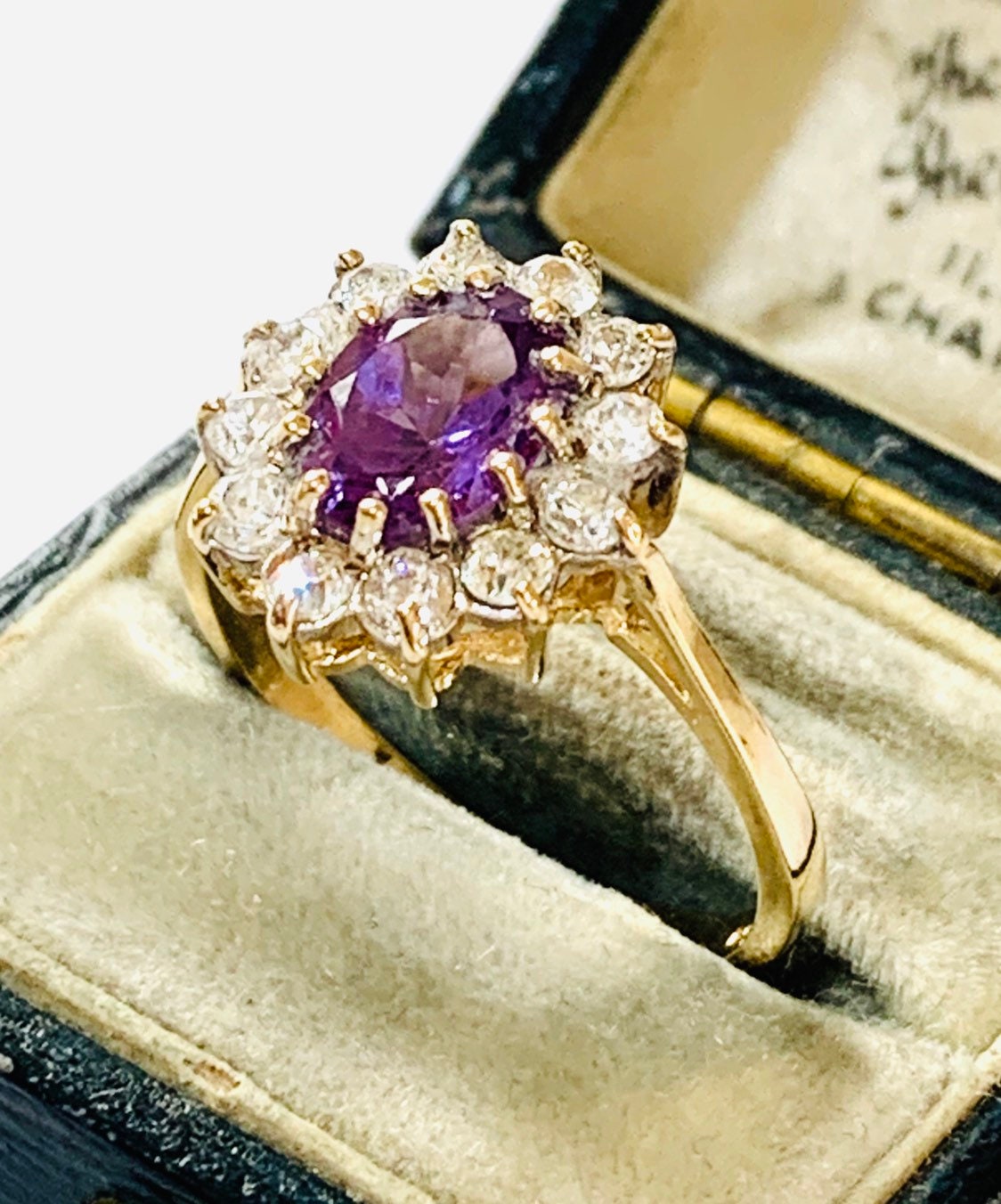 Sparkling vintage 9ct gold Amethyst and Cubic Zirconia cluster ring - fully hallmarked - size P ...