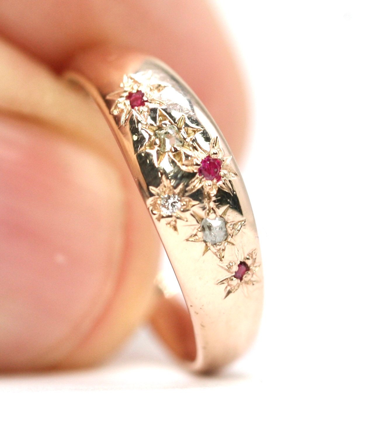 Stunning antique 9ct rose gold Diamond and Ruby gypsy ring - stamped 9C ...