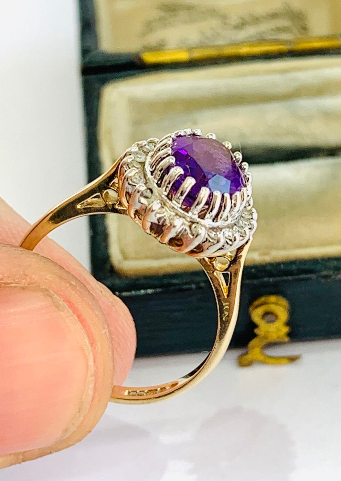 Stunning vintage 9ct yellow gold Amethyst & Diamond cluster ring - hallmarked Birmingham 1987 ...