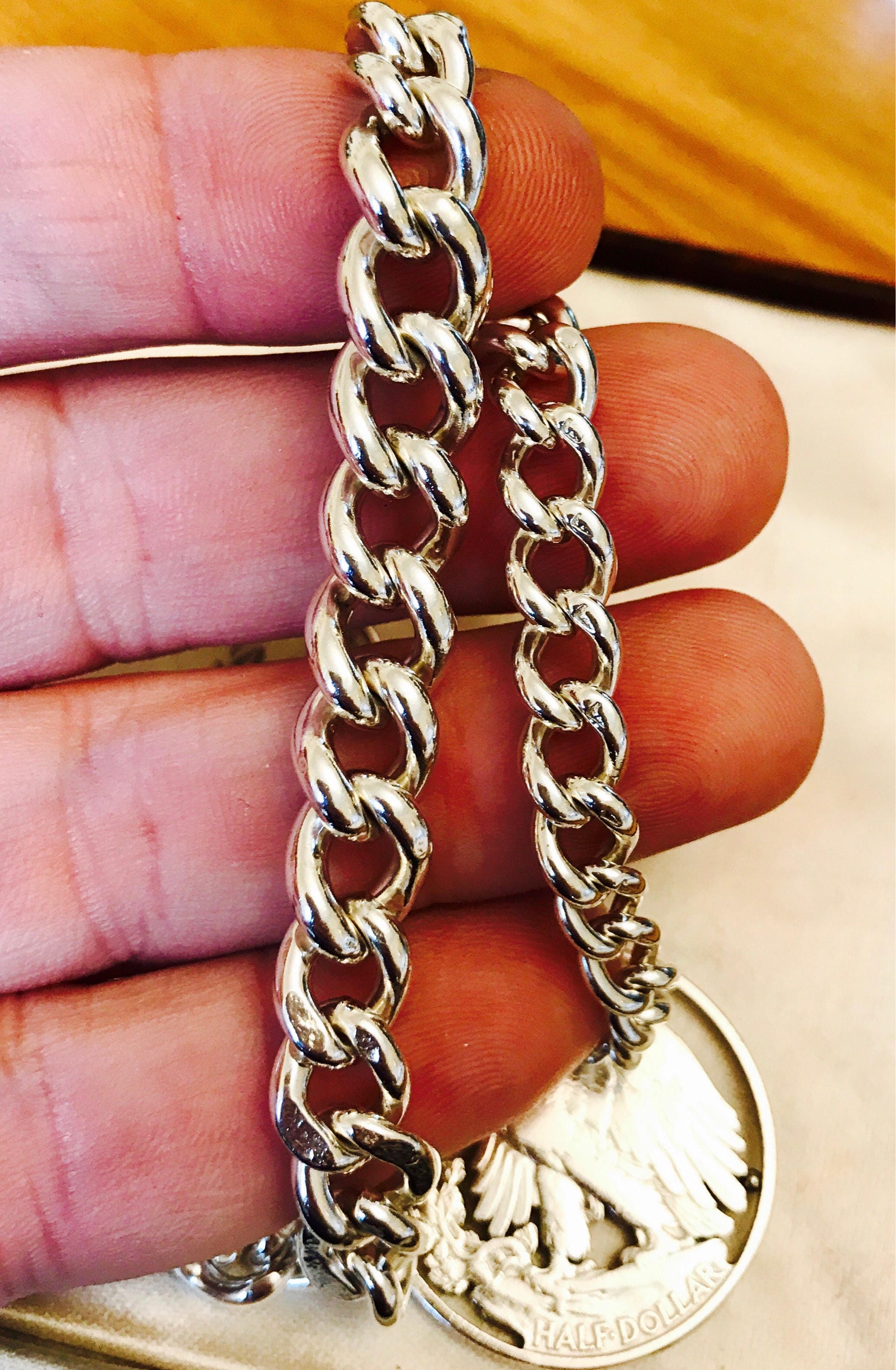 Superb heavy antique silver Albert chain and silver half dollar fob