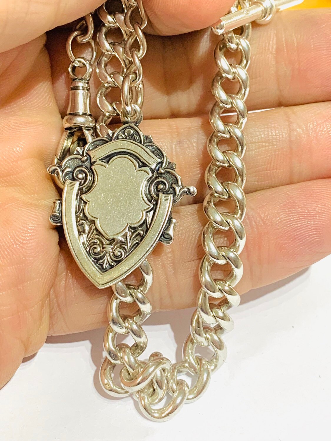 Superb antique Sterling Silver graduated Albert pocket watch chain and fob