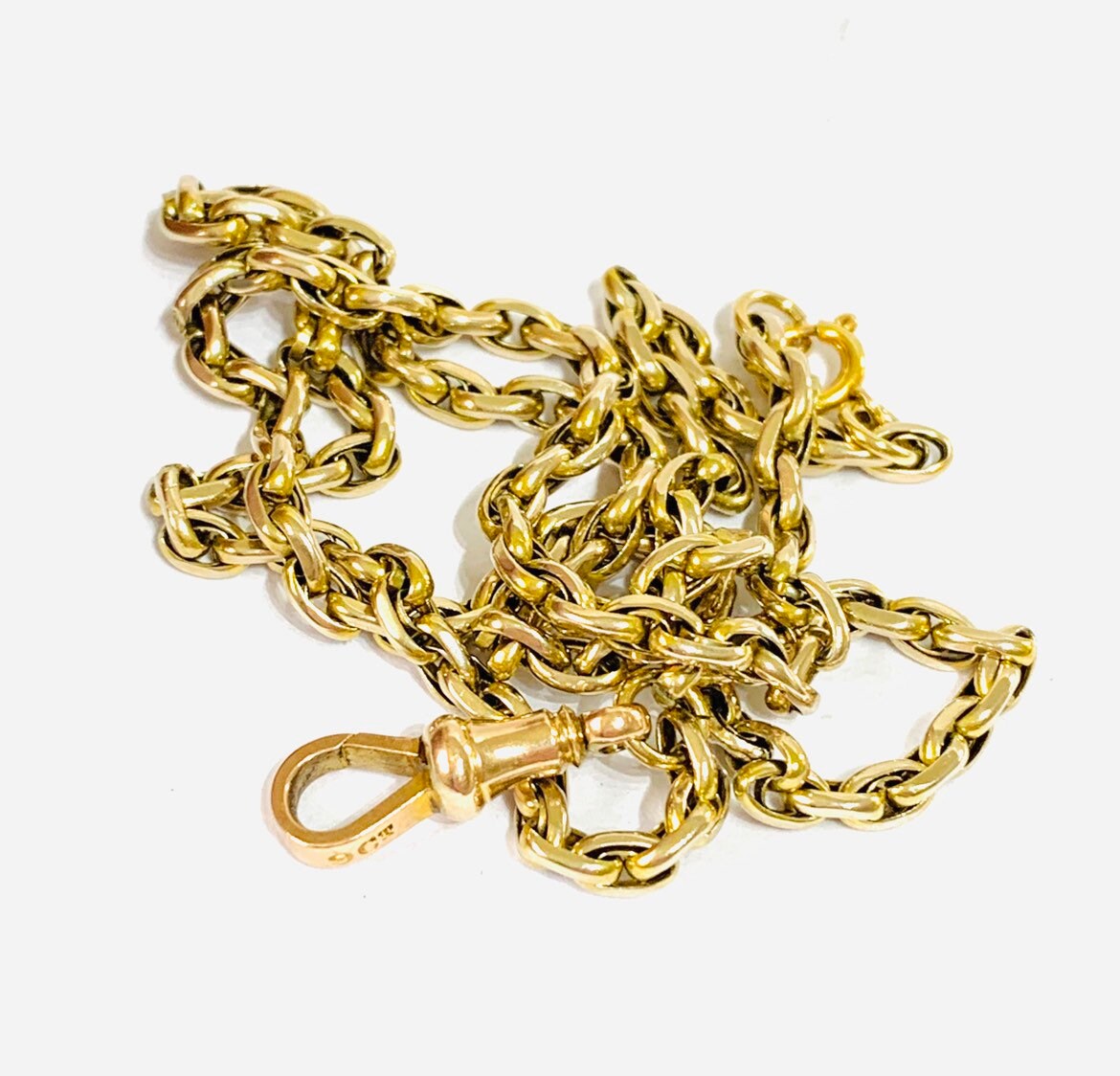 Superb antique 9ct yellow gold 17 inch chain with dog clip pendant