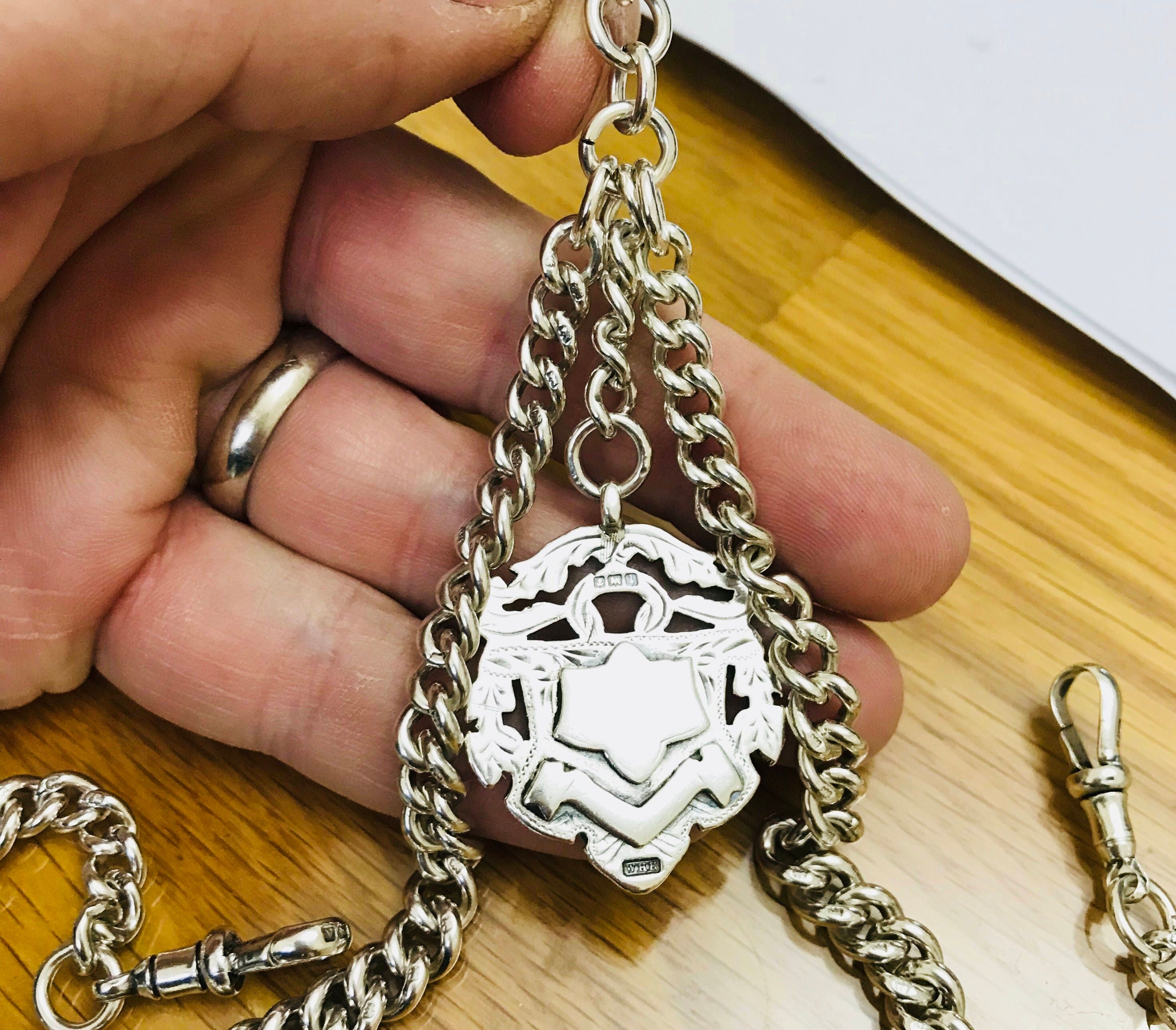 Superb antique sterling silver graduated double Albert chain & fob ...