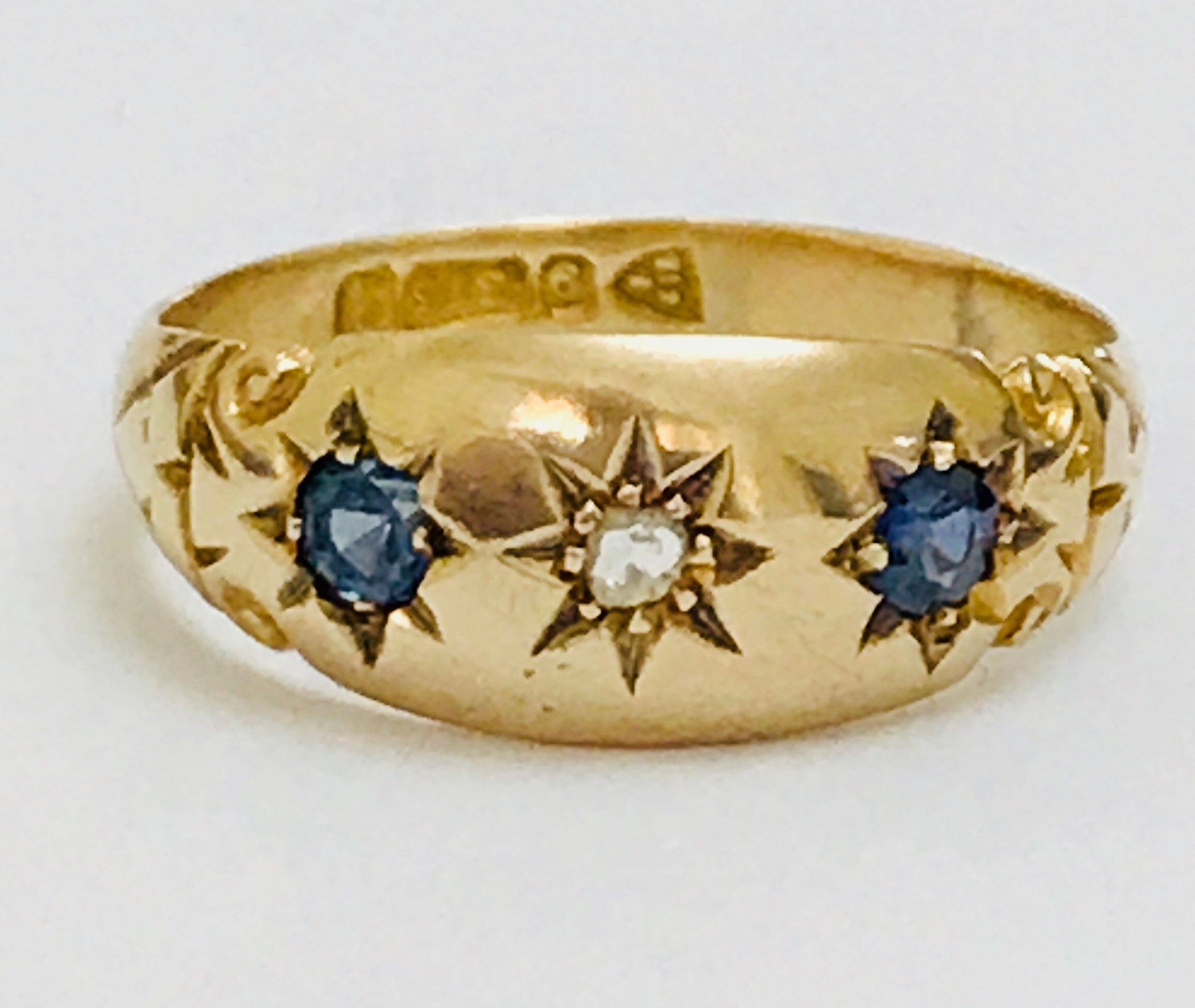 Fabulous antique 9ct gold Diamond and Sapphire gypsy ring - hallmarked ...