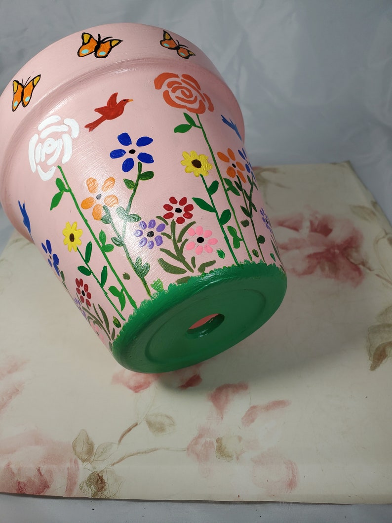 Hand Painted Pink Floral 4x6 Terra Cotta Flower Pot. Trimmed at the Rim ...