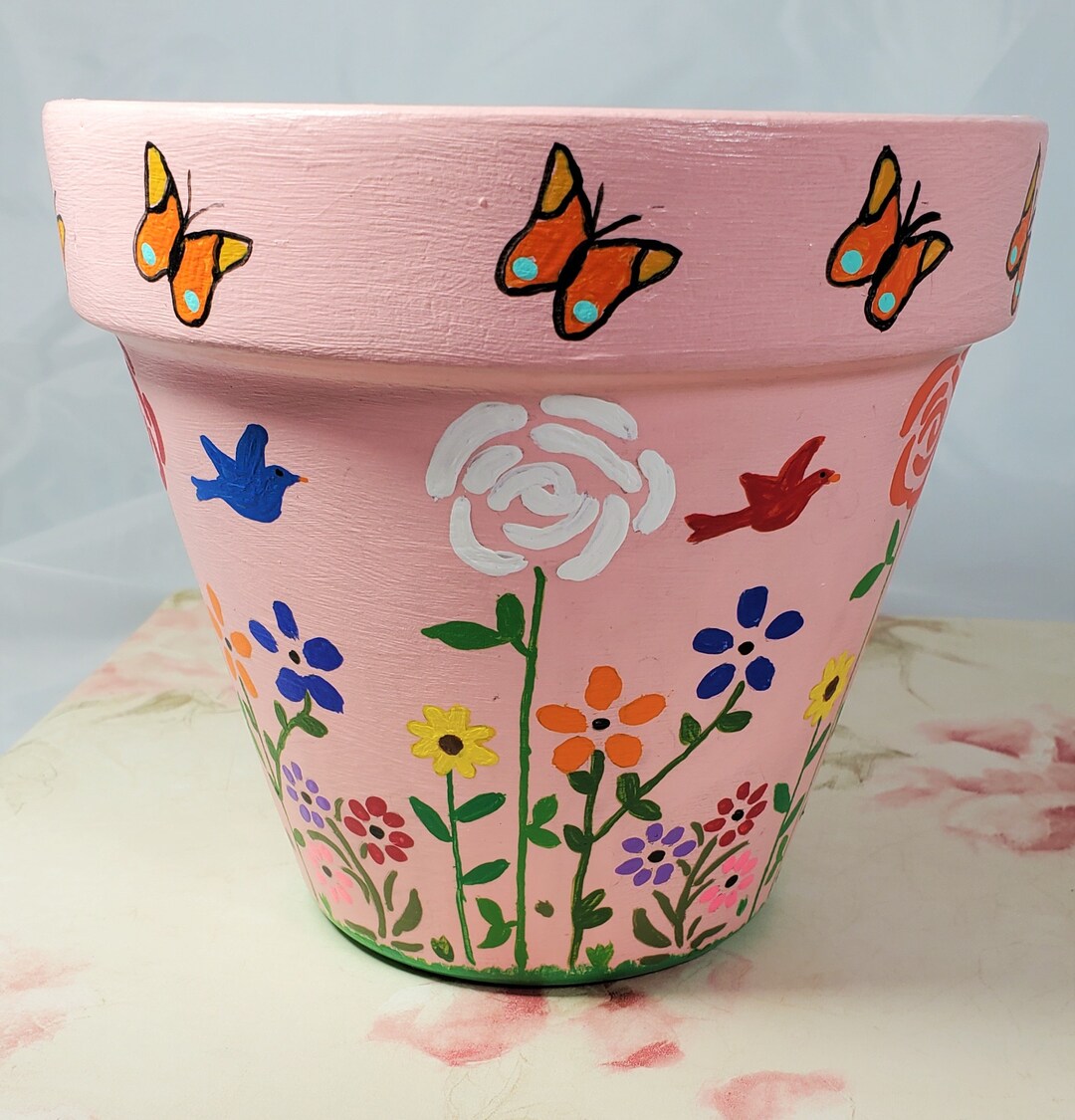 Hand Painted Pink Floral 4x6 Terra Cotta Flower Pot. Trimmed at the Rim ...