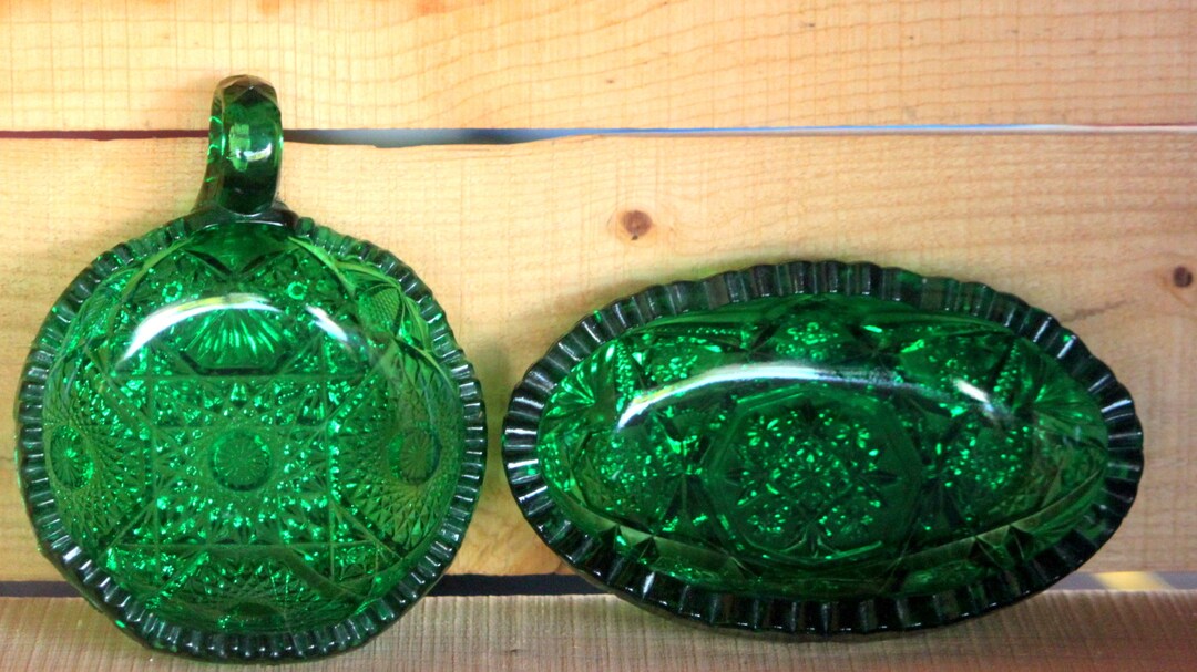 LE Smith Emerald Green Glass Stars and Sawtooth Candy Dish and Candle ...