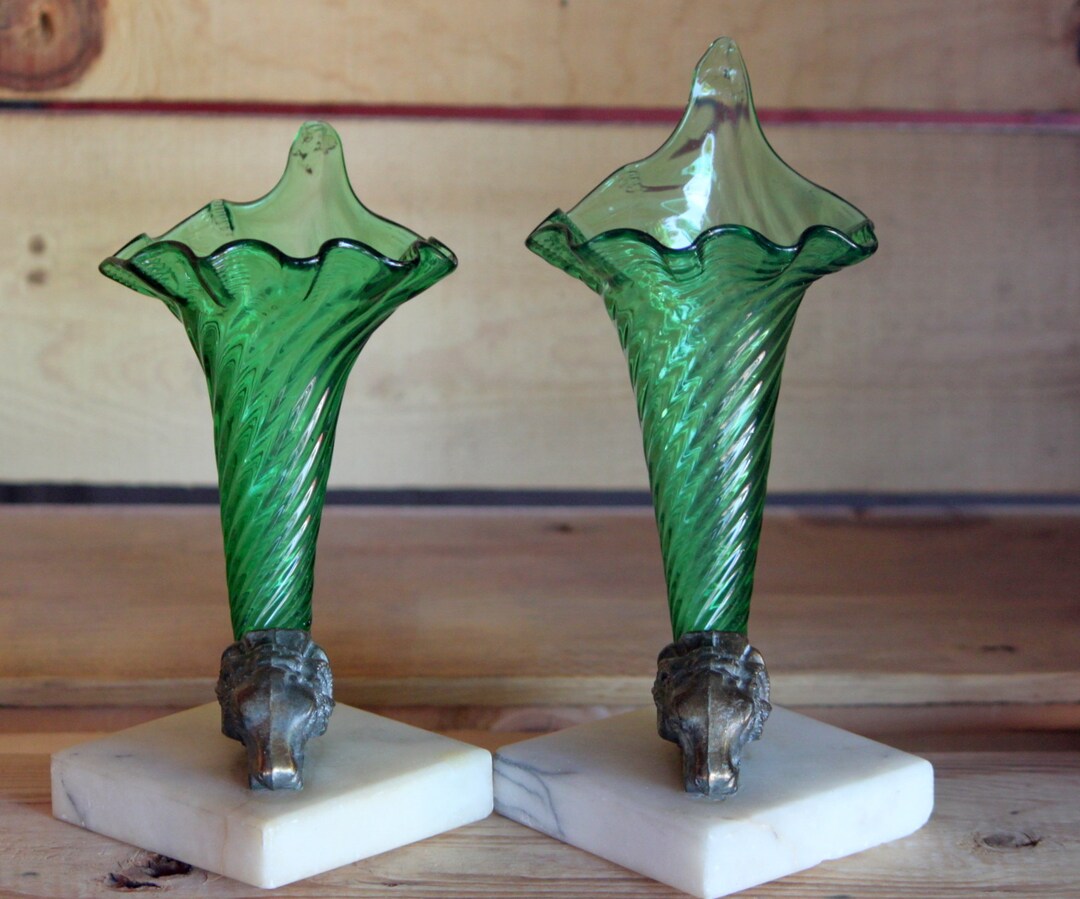 Victorian Era Green Glass Cornucopia Vase With Bronze Ram on Marble ...