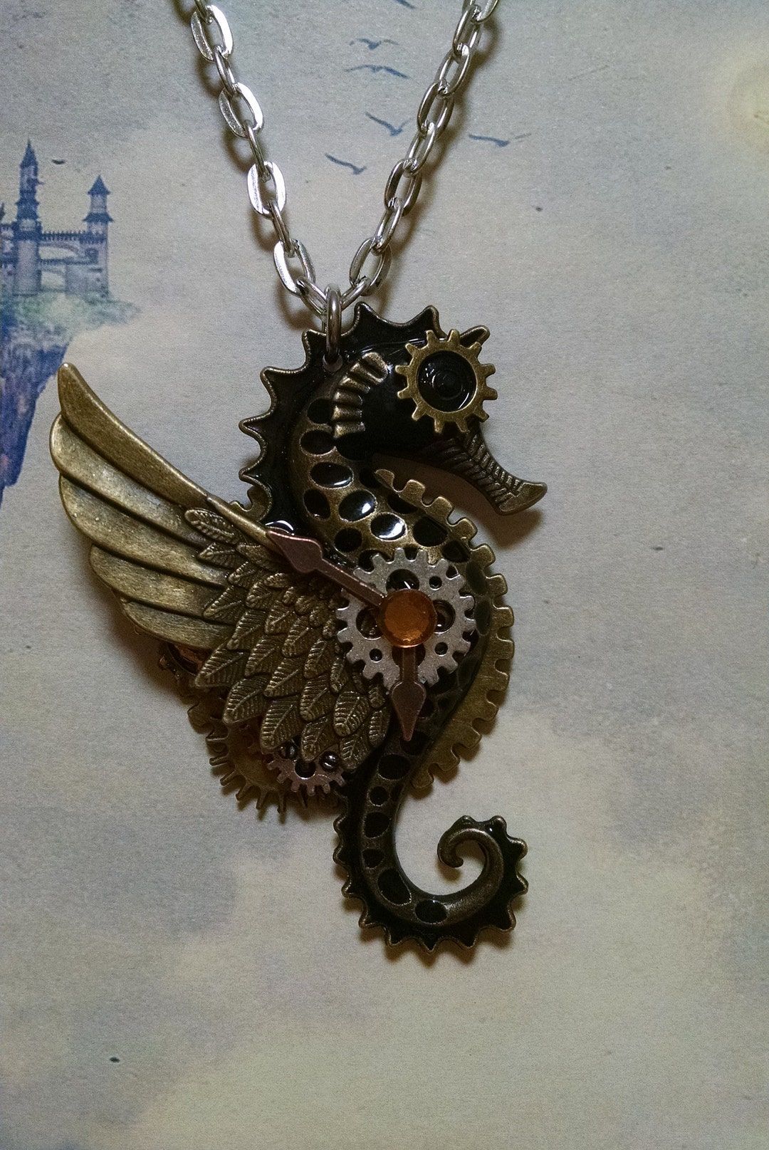Mechanical Flying Steampunk Seahorse, W/free Earrings Black and Bronze ...
