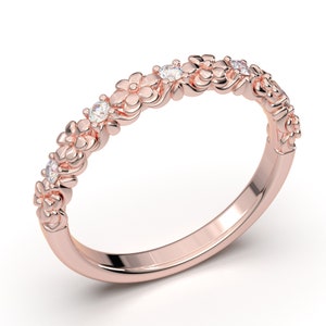 Rose Gold Wedding Band, Art Deco Vintage Ring, Floral Botanical Band ...