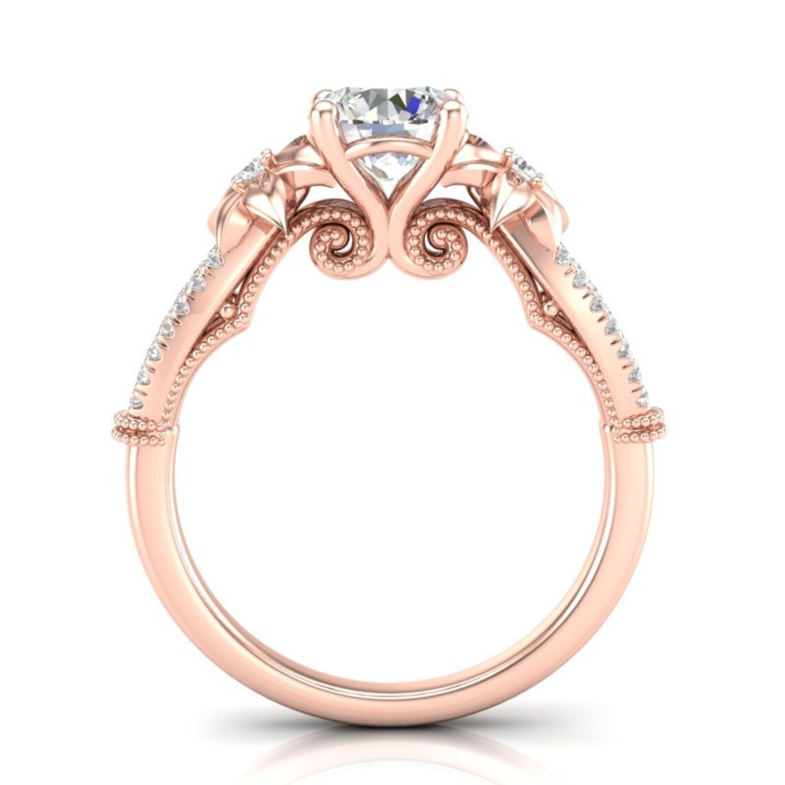 Flower Engagement Ring 14K Rose Gold Ring Milgrain Floral Ring | Etsy