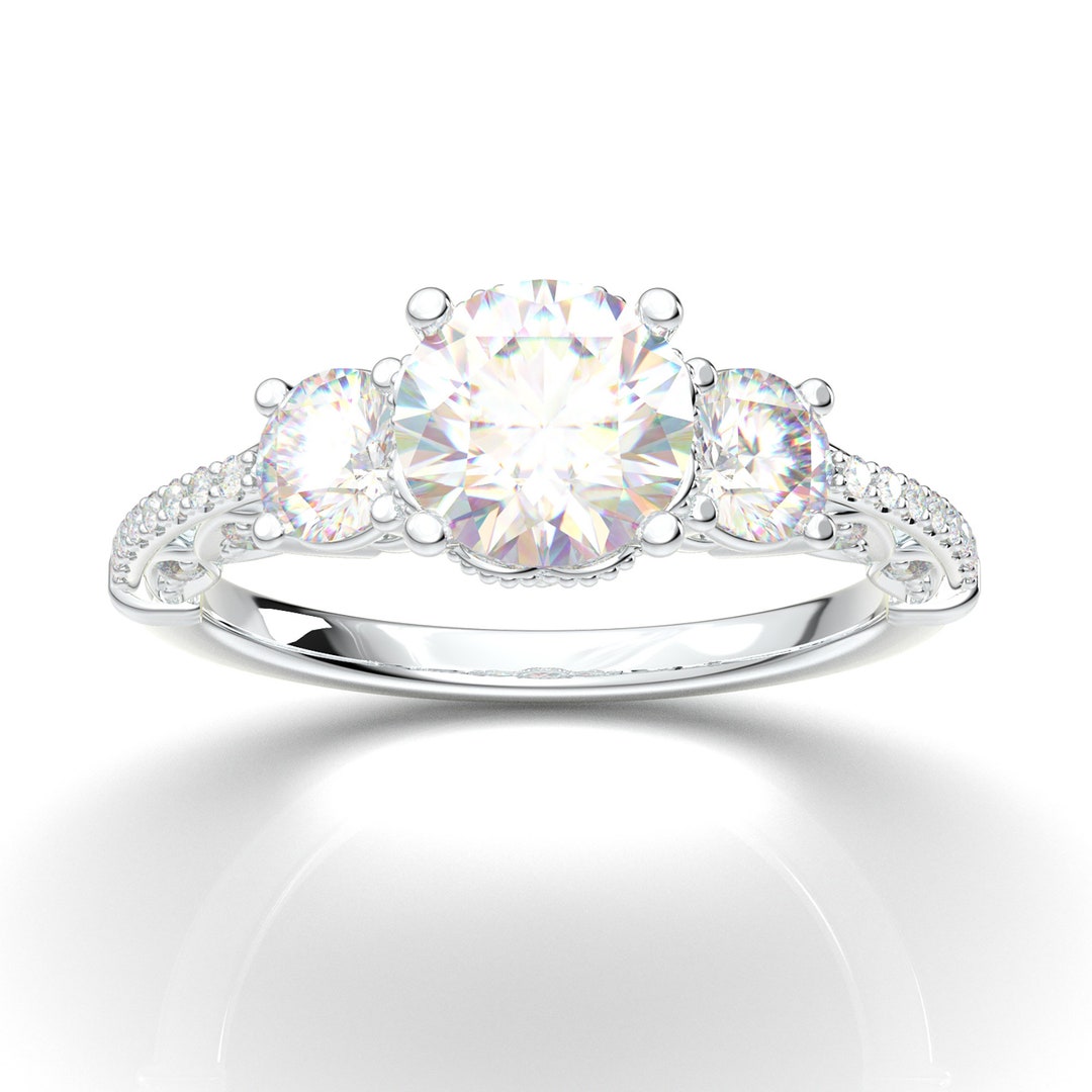 White Gold Vintage Three Stone Engagement Ring Unique Filigree Milgrain ...
