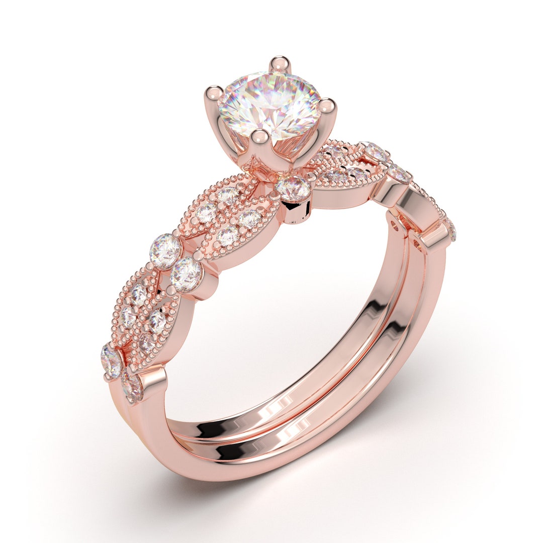 Wedding Ring Set, Rose Gold Engagement Ring Set, Stacking Rings, Rose ...