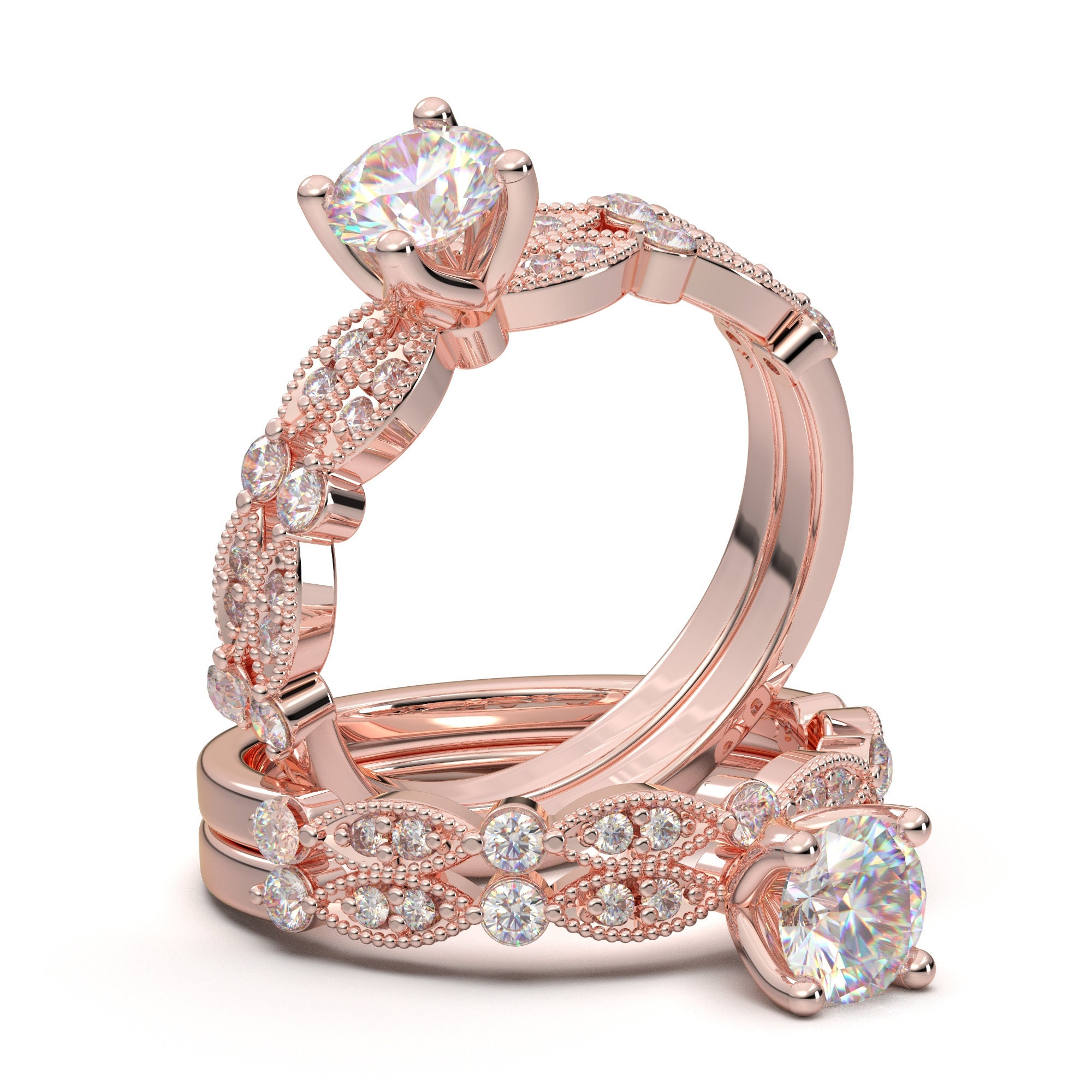 Wedding Ring Set Rose Gold Engagement Ring Set Stacking | Etsy