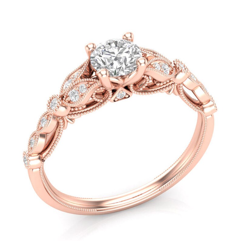 14k Floral Engagement Ring Rose Gold Ring Milgrain Filigree | Etsy