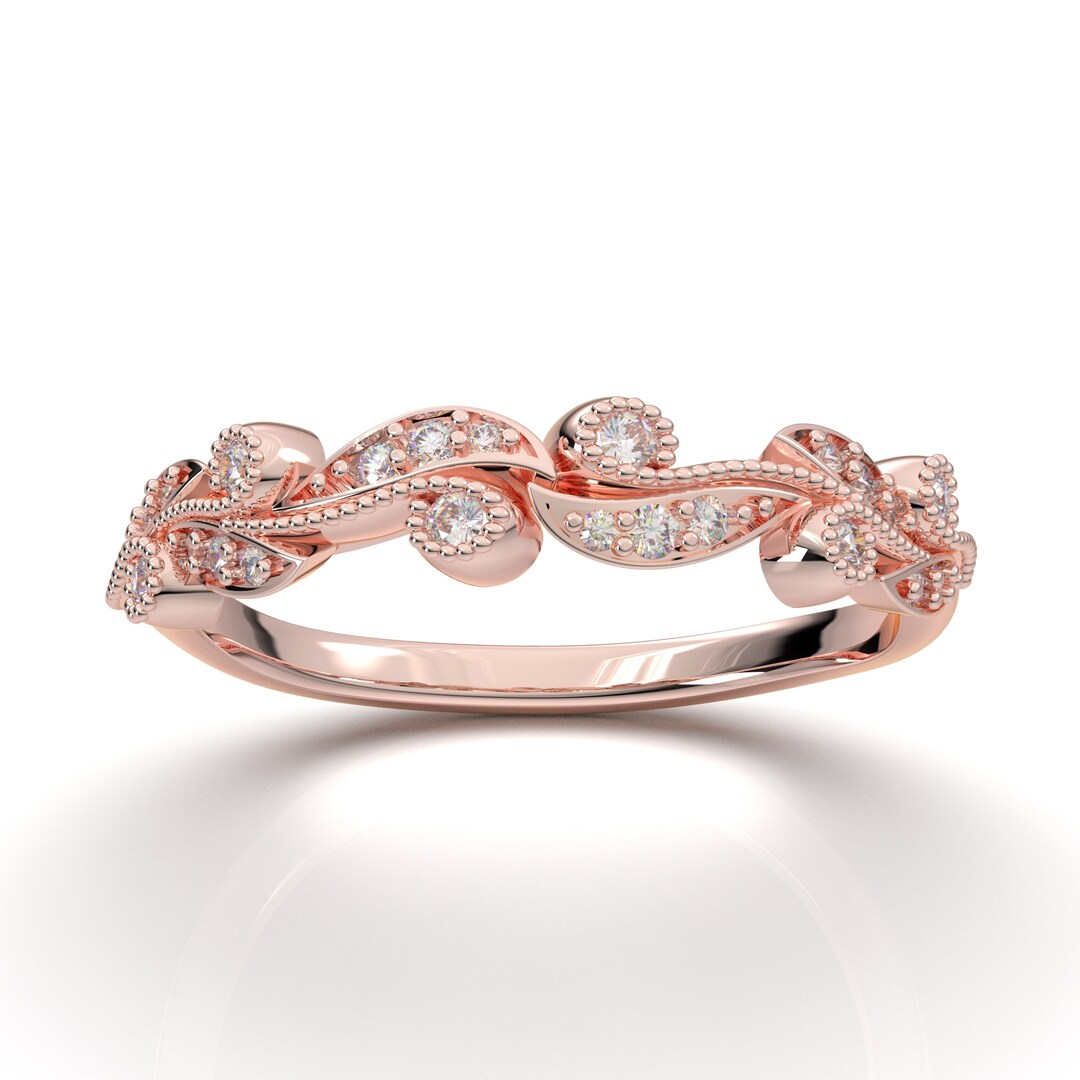 Rose Gold Floral Band Vintage Art Deco Band Milgrain Band Dainty Leaf ...